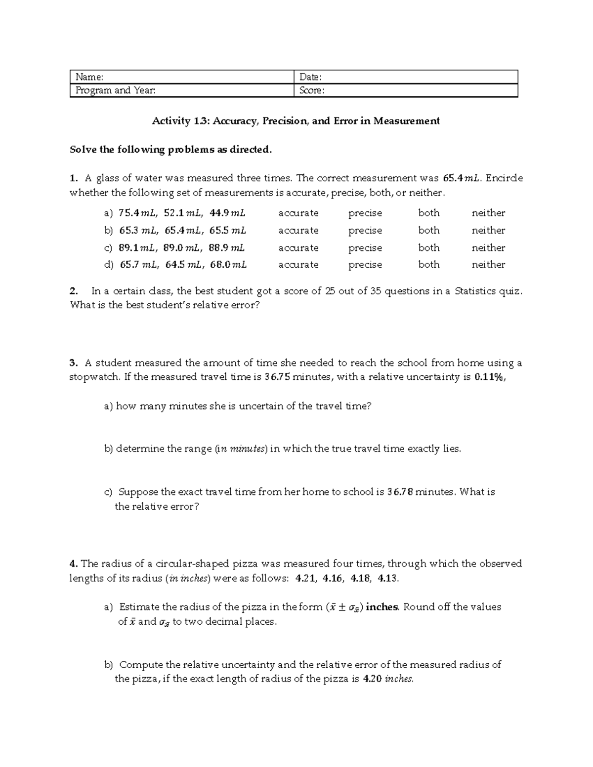 Activity 1.3 Accuracy, Precision, and Error in Measurement - Name: Date ...