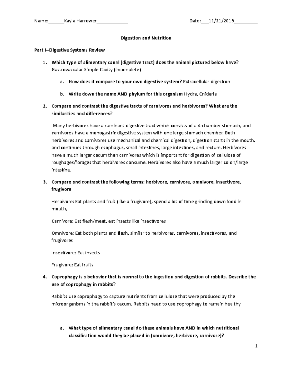 Nutrition Assignment - Dr Serr - Digestion and Nutrition Part I ...