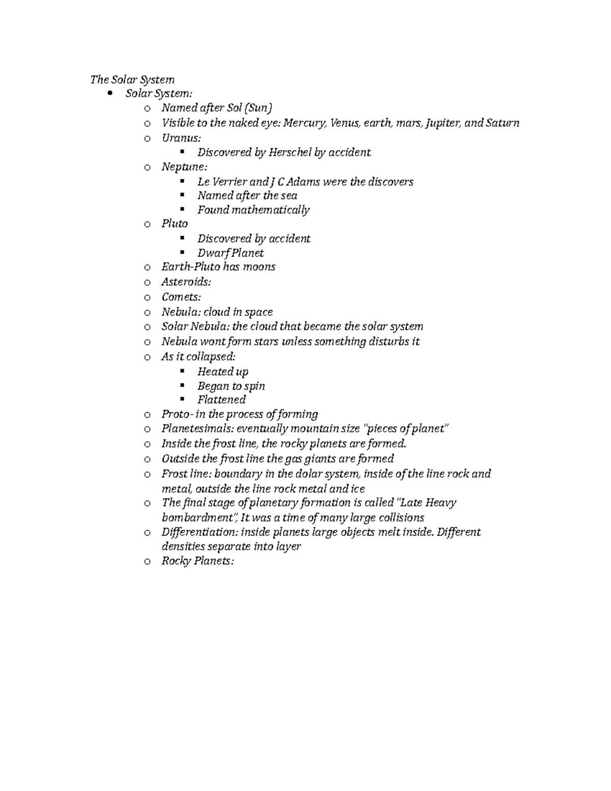 Astronomy Notes - The Solar System Solar System: o Named after Sol (Sun ...