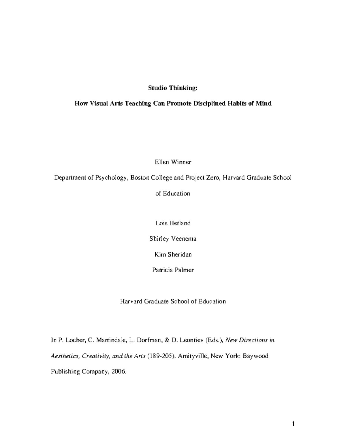 Studio Thinking How Visual Arts Teaching Can Promo - Studio Thinking ...