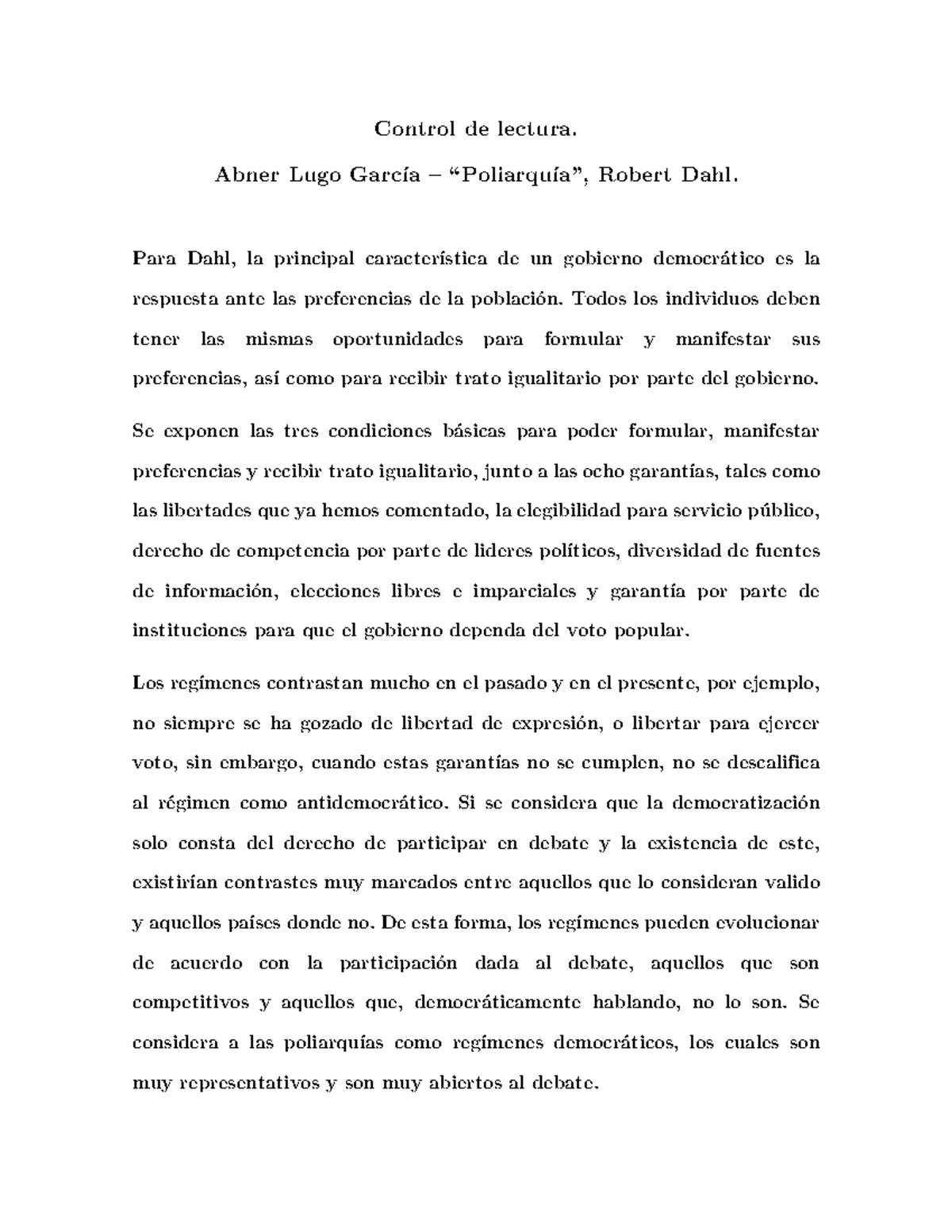 Reporte lectura Dahl - Control de lectura. Abner Lugo García ...