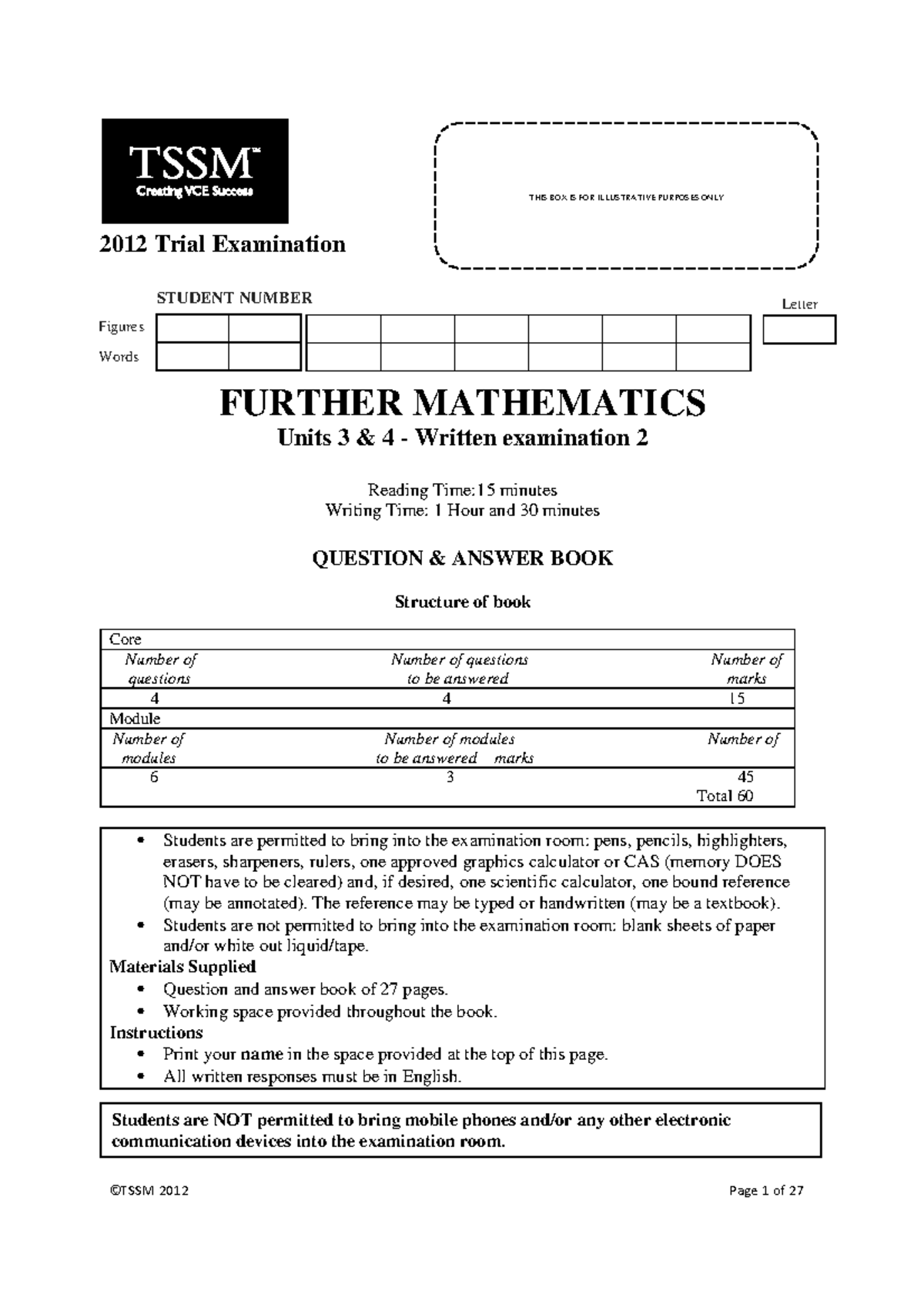 [VCE Further] 2012 TSSM Unit 34 Exam 2 - FURTHER MATHEMATICS Units 3 ...