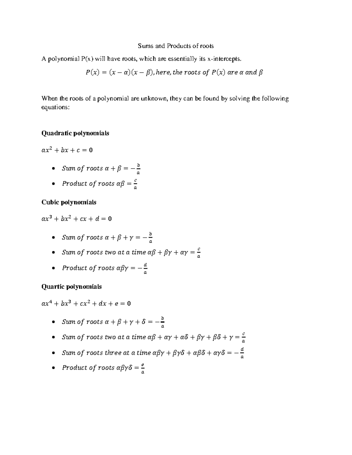 Sums and products of polynomials - Sums and Products of roots A ...