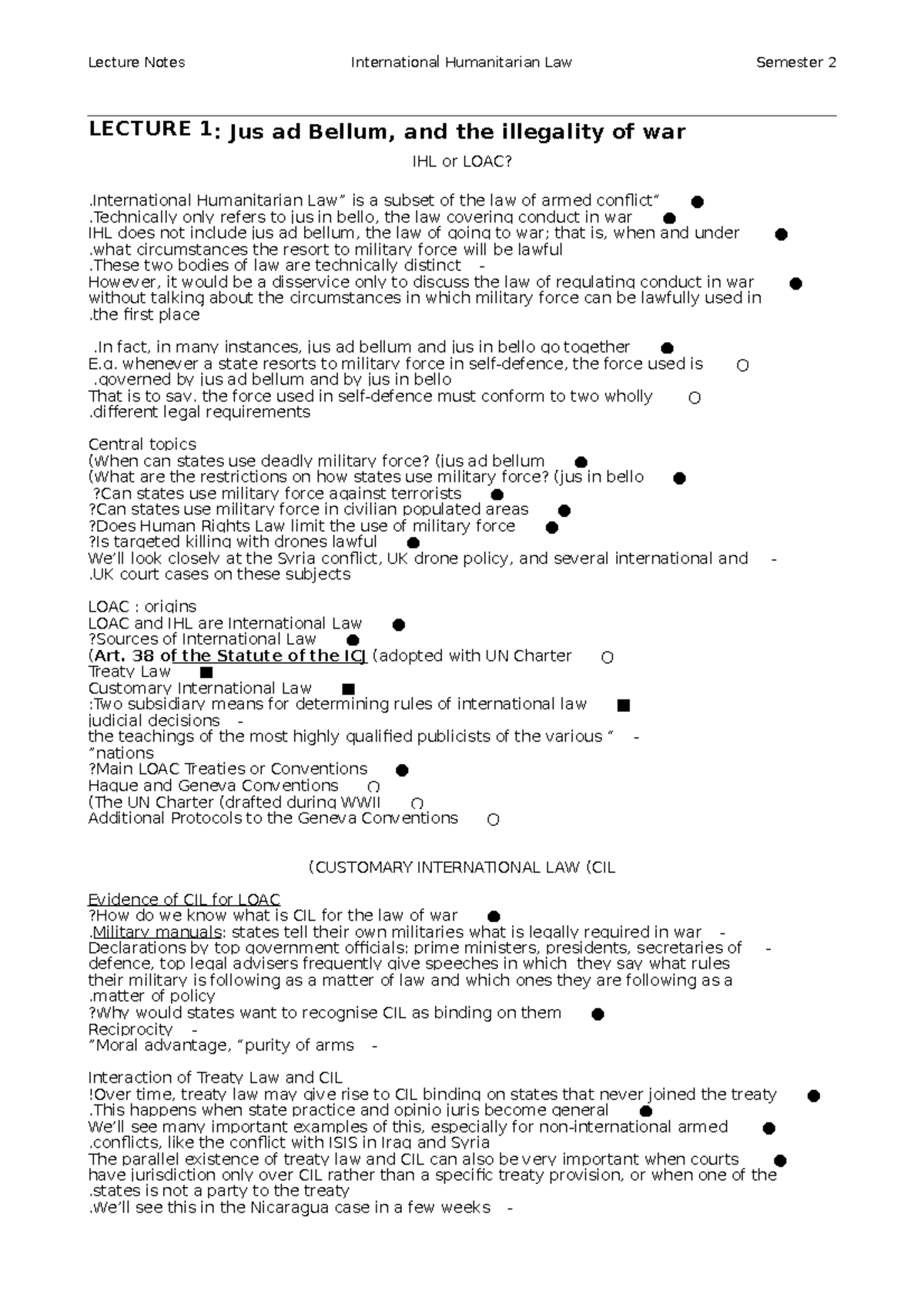 IHL Lectures - Lecture notes 1-10 - LECTURE 1: Jus ad Bellum, and the ...