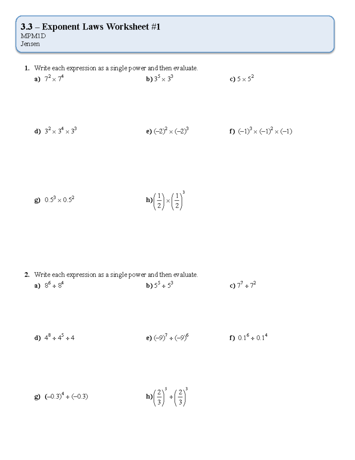 3 3 exponent laws Worksheet 1 3 Exponent Laws Worksheet MPM1D