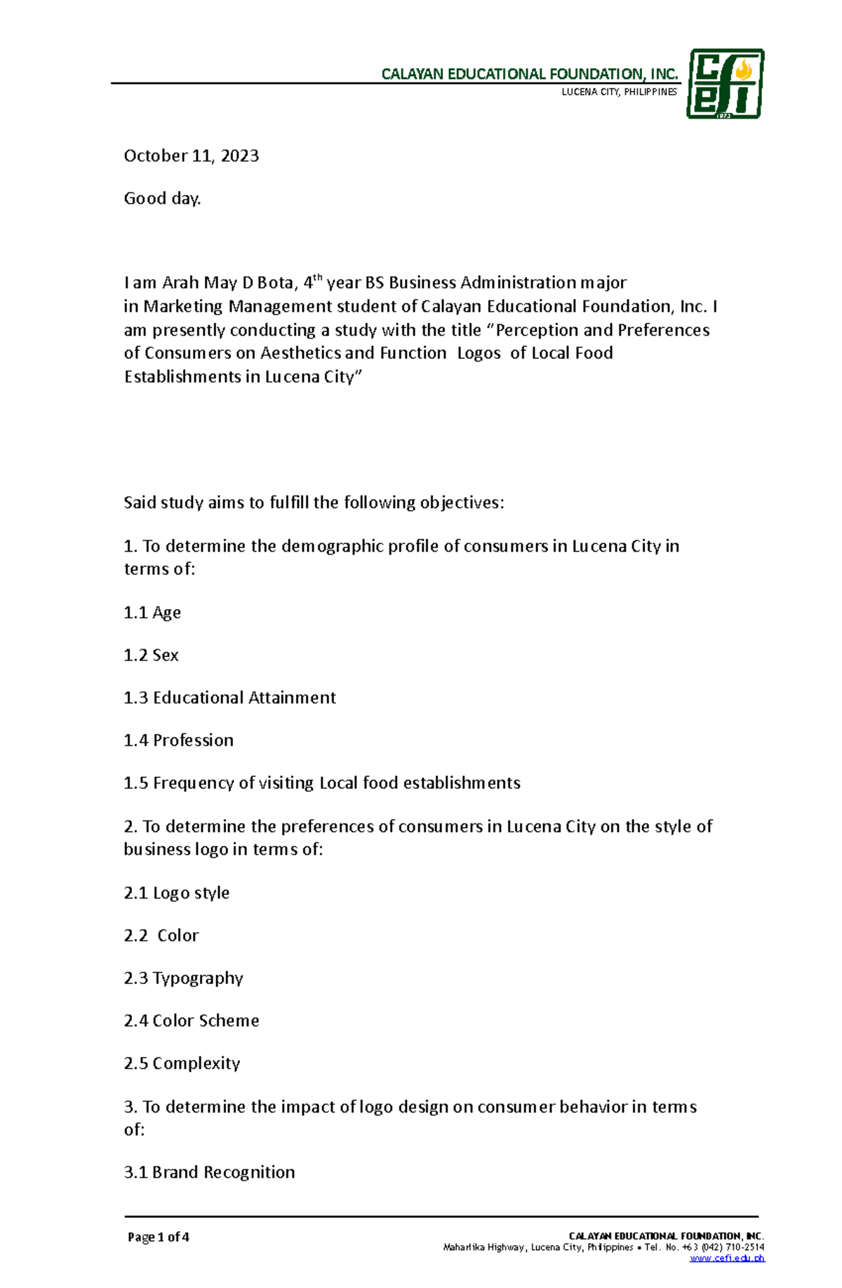 Bota request letter - Ghjji - October 11, 2023 Good day. I am Arah May ...