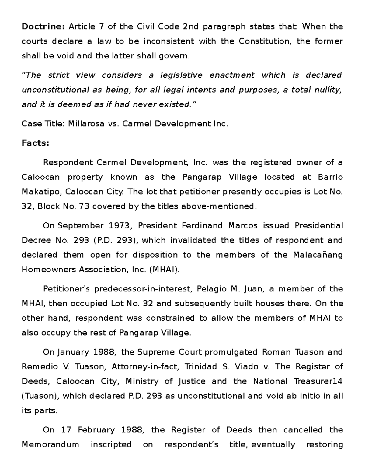 Millarosa vs. Carmel Development Inc - Doctrine: Article 7 of the Civil ...