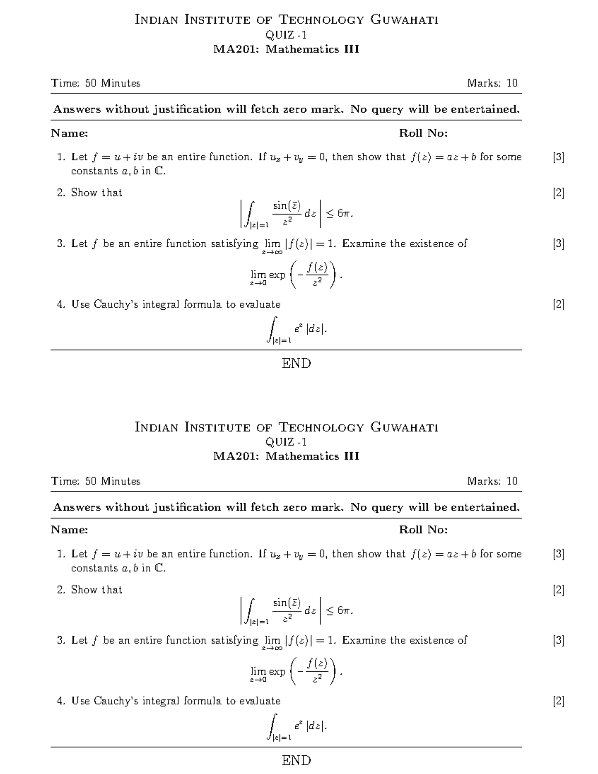 Quiz 2018, questions - Indian Institute of Technology Guwahati QUIZ - MA201: Mathematics III ...