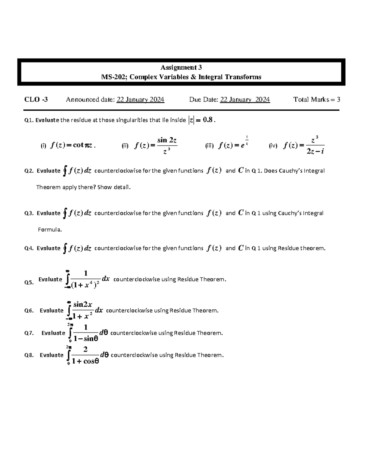 Assignment 3 - asdasd - Assignment 3 MS-202; Complex Variables & Integral Transforms CLO -3 ...