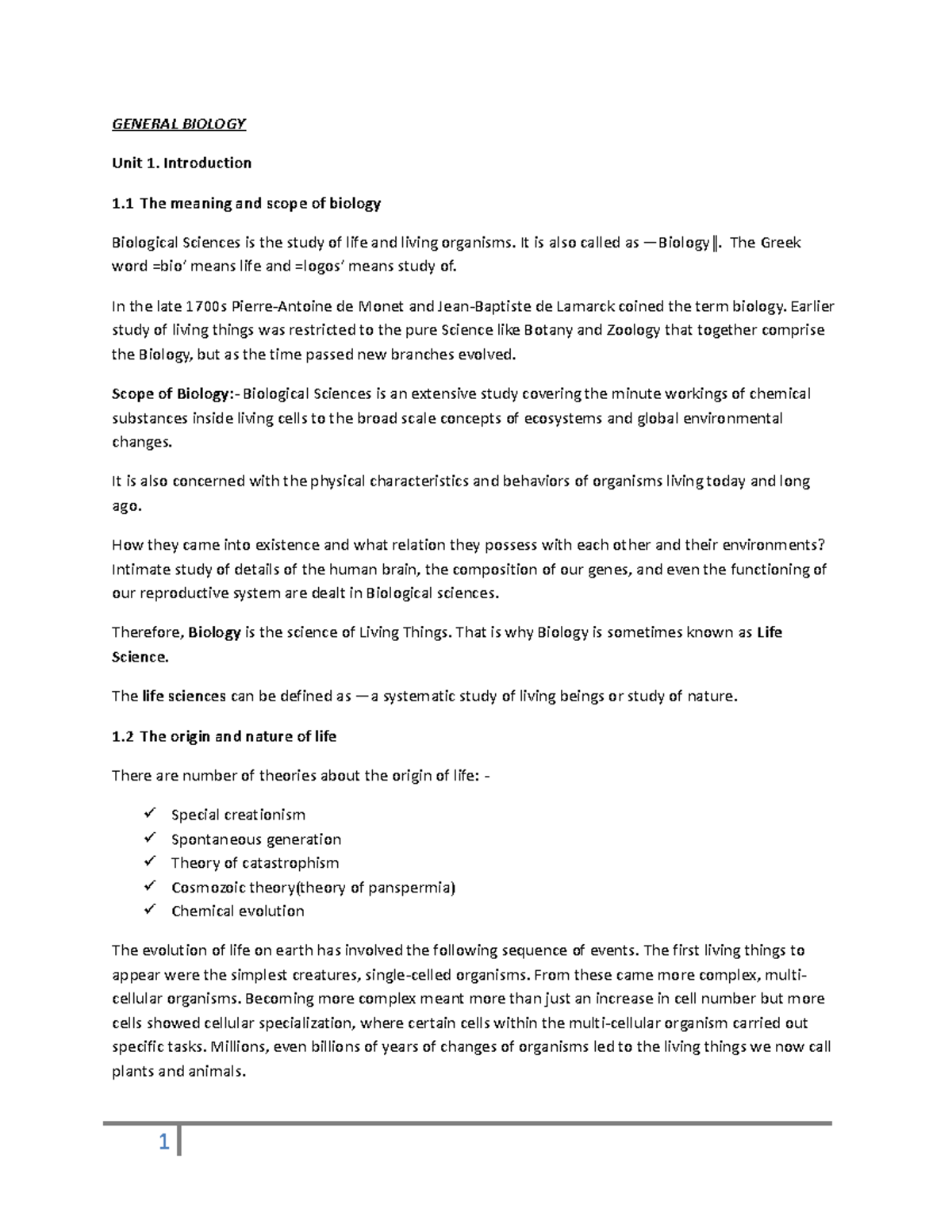 General Biology - GENERAL BIOLOGY Unit 1. Introduction 1 The meaning ...