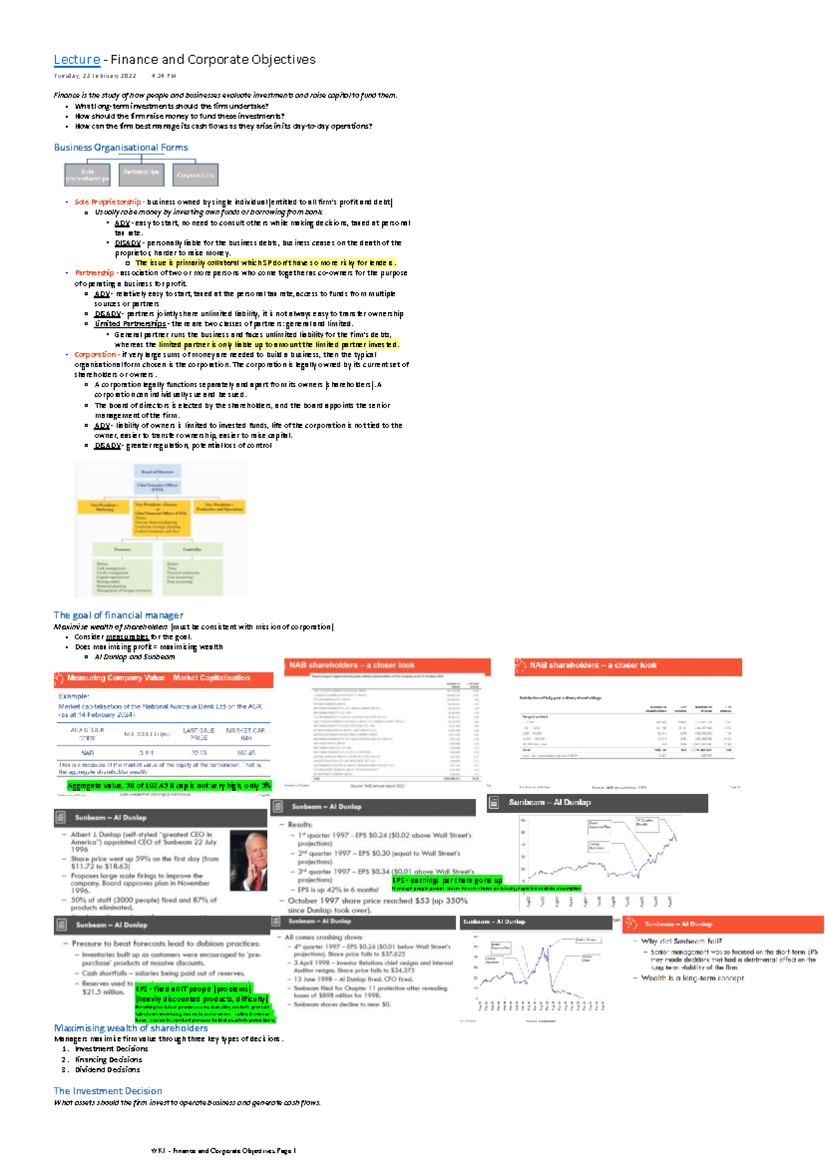 Lecture - WK1 Notes Finance and Corporate Objectives - Maximising ...