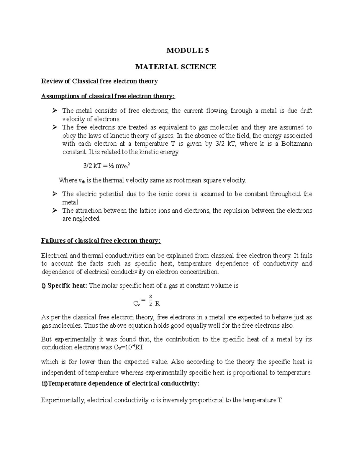Material Science - MODULE 5 MATERIAL SCIENCE Review of Classical free ...