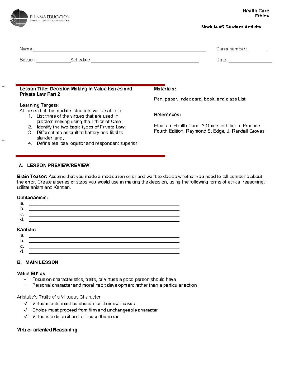 SAS 5 Bioethics - Ethics (Bioethics) Module #5 Student Activity Sheet ...
