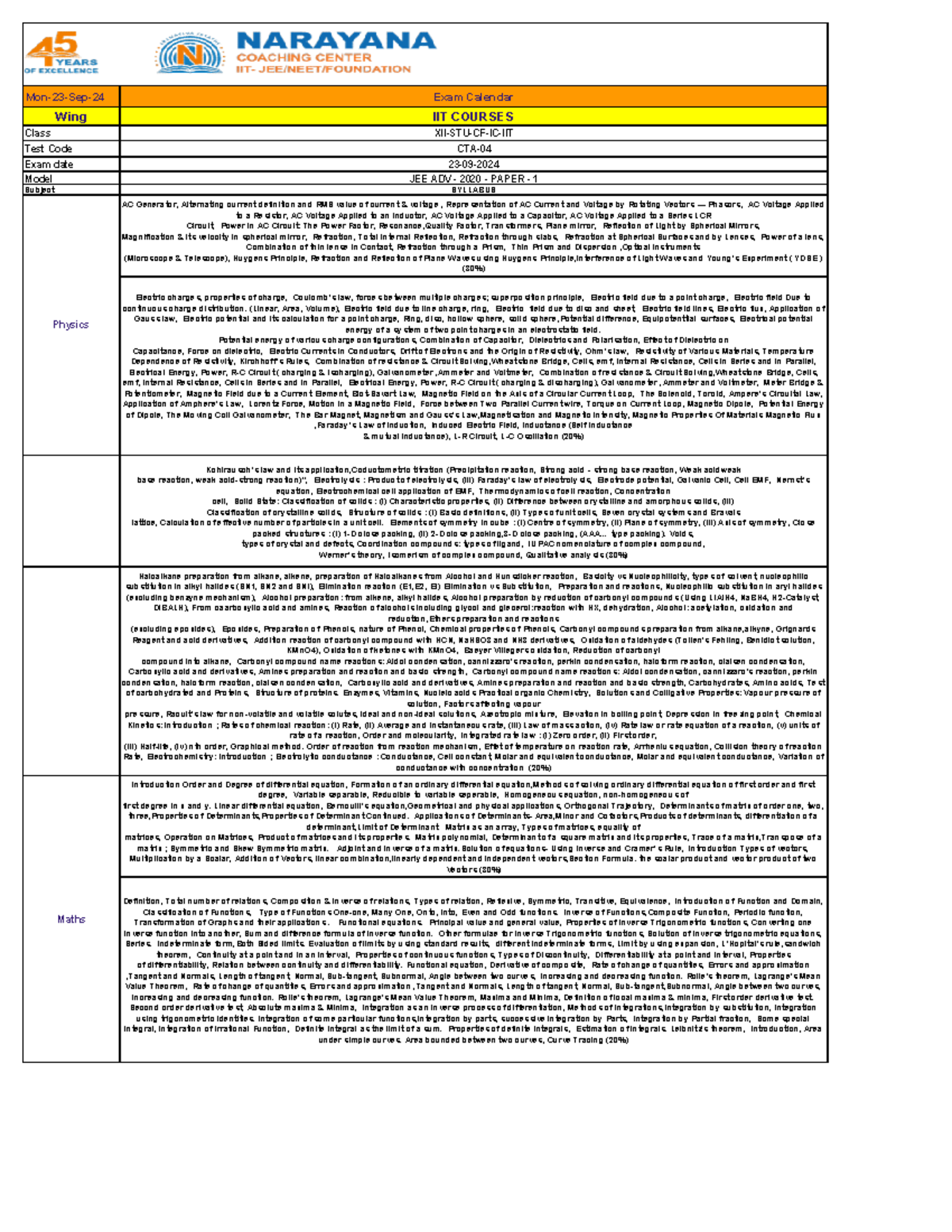XII-STU-CF-IC-IIT-CTA-04 - Mon-23-Sep-24 Exam Calendar Wing IIT COURSES ...