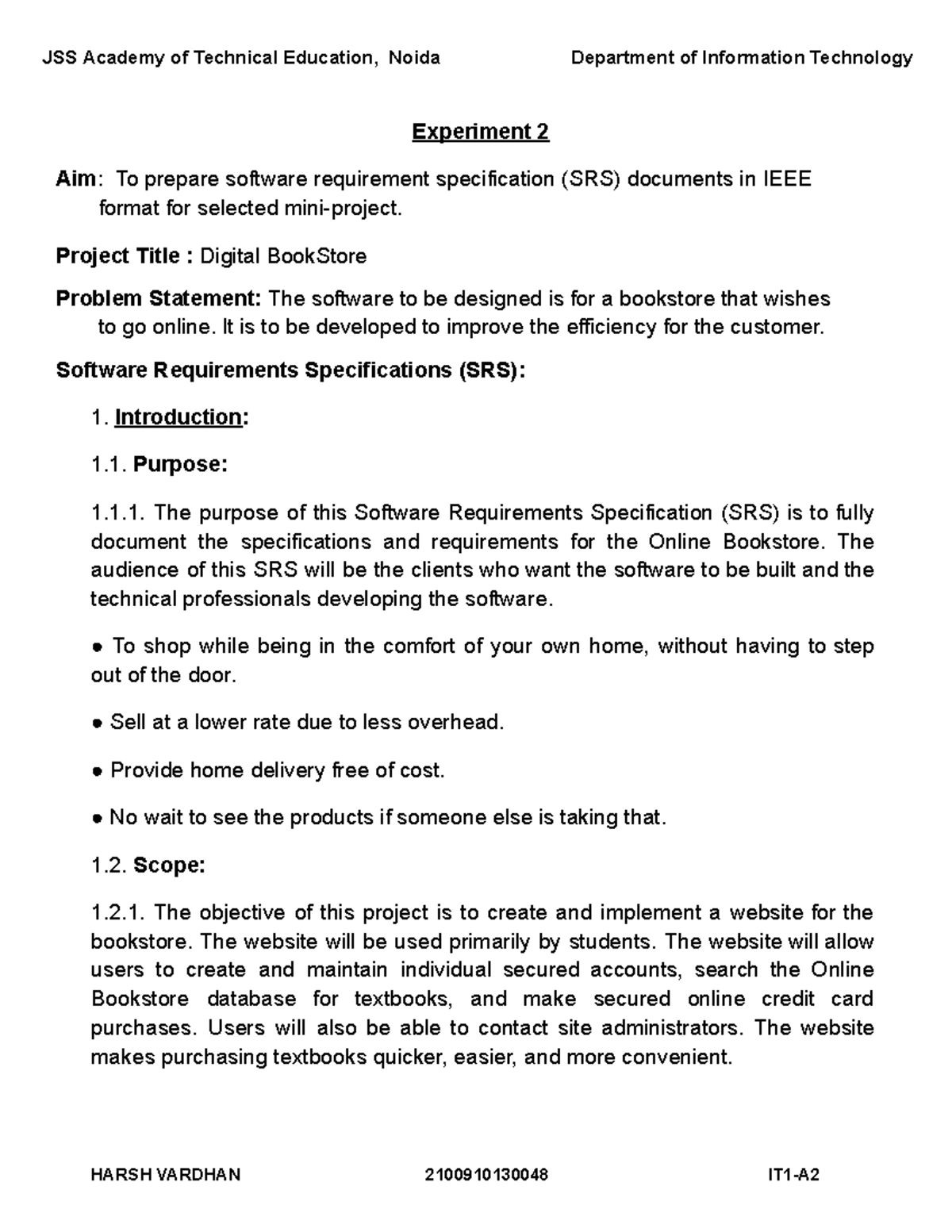 software engineering lab file - Experiment 2 Aim: To prepare software requirement specification ...