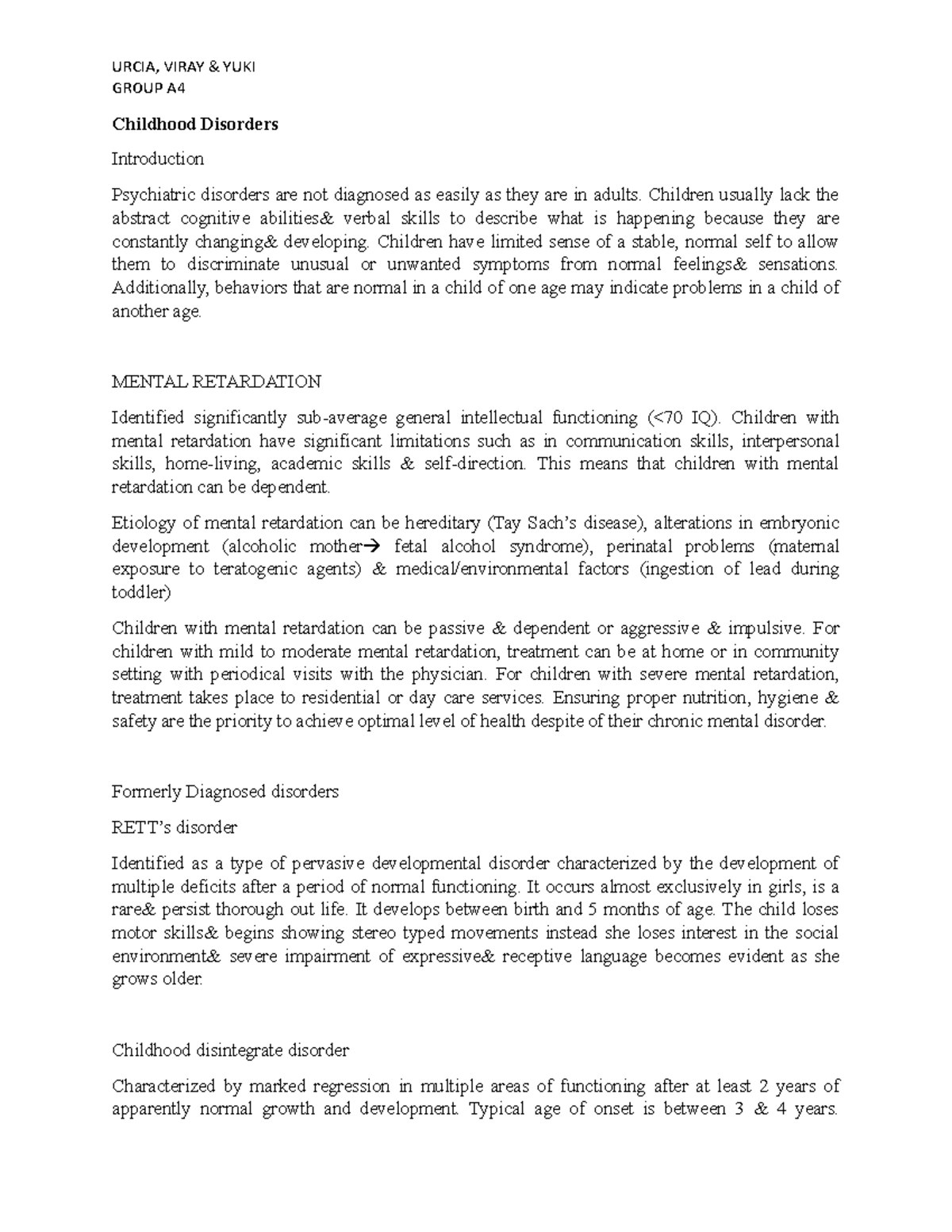 Childhood Disorders Definitions GROUP A Childhood Disorders