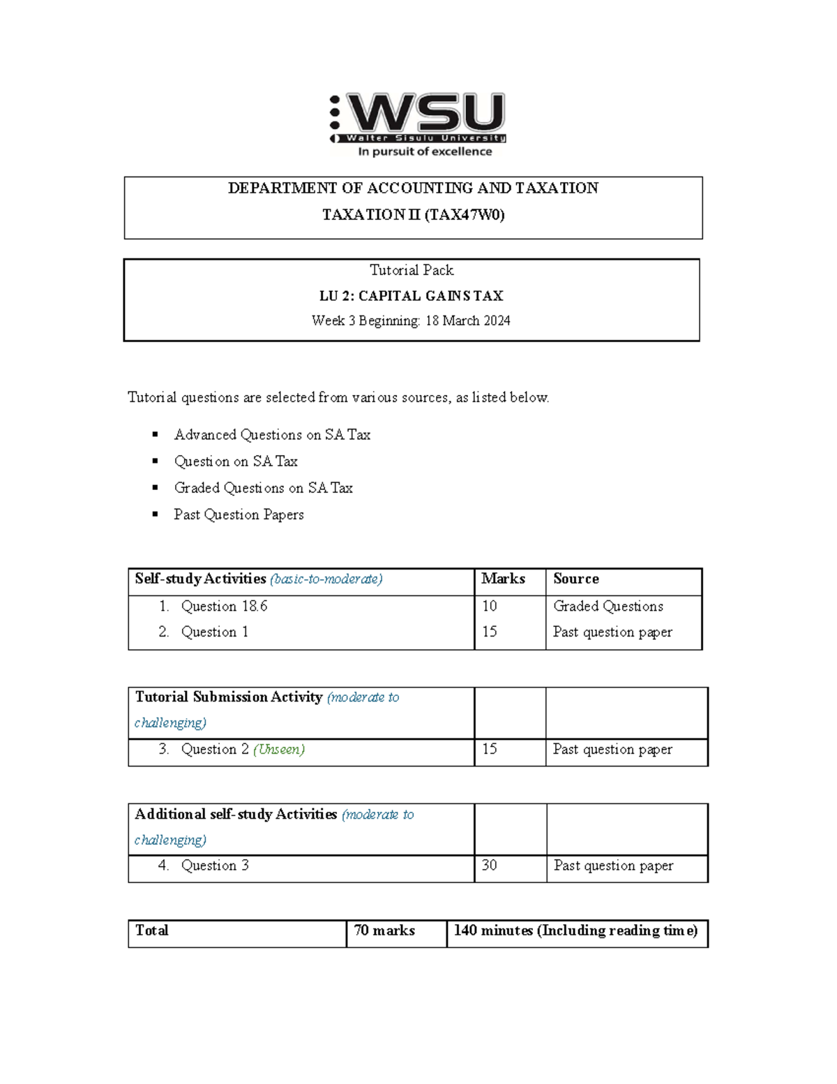 TAX47W0 Tutorial Pack week 3 - Tutorial questions are selected from various sources, as listed ...
