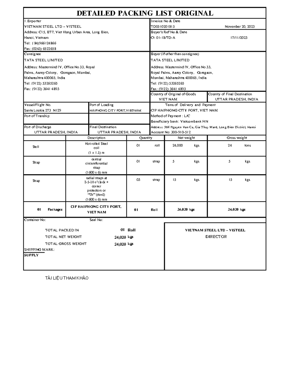 Packing - DETAILED PACKING LIST ORIGINAL 1 VIETNAM STEEL LTD – VISTEEL ...