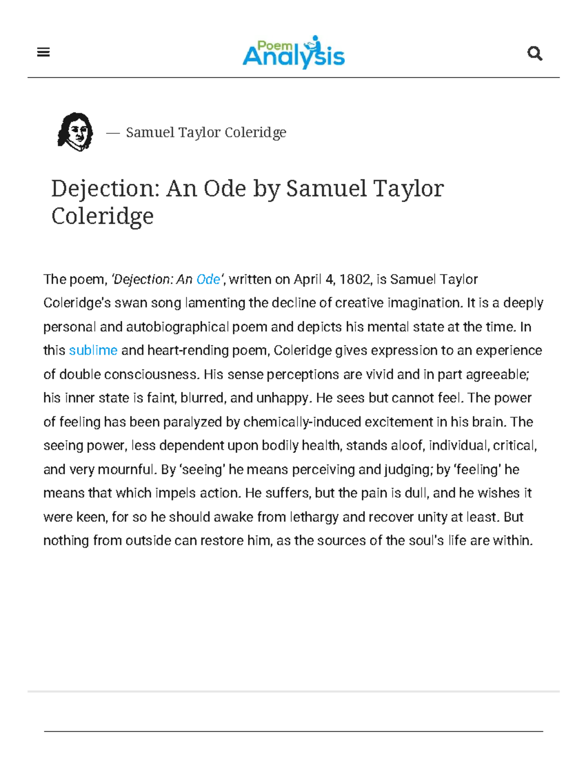 Dejection An Ode by Samuel Taylor Coleridge - Poem Analysis - — Dejection: An Ode by Samuel ...