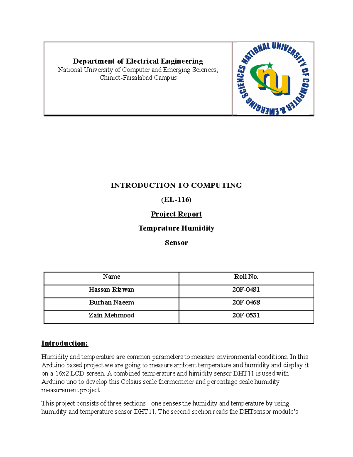 ITC Project Report (1) Temperature and Humidity Sensor - Department of ...