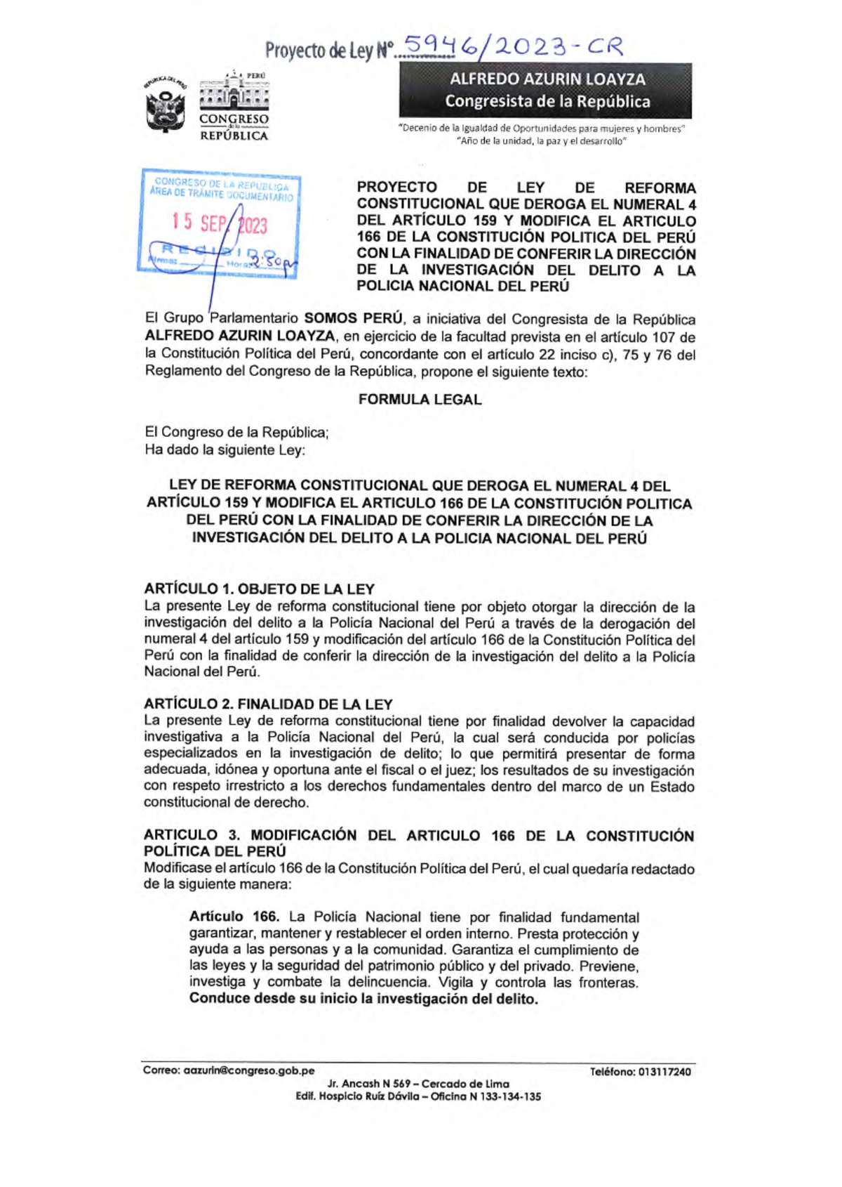 PL 05946-2023-CR Reforma constitucional que modifica el articulo 166 de ...
