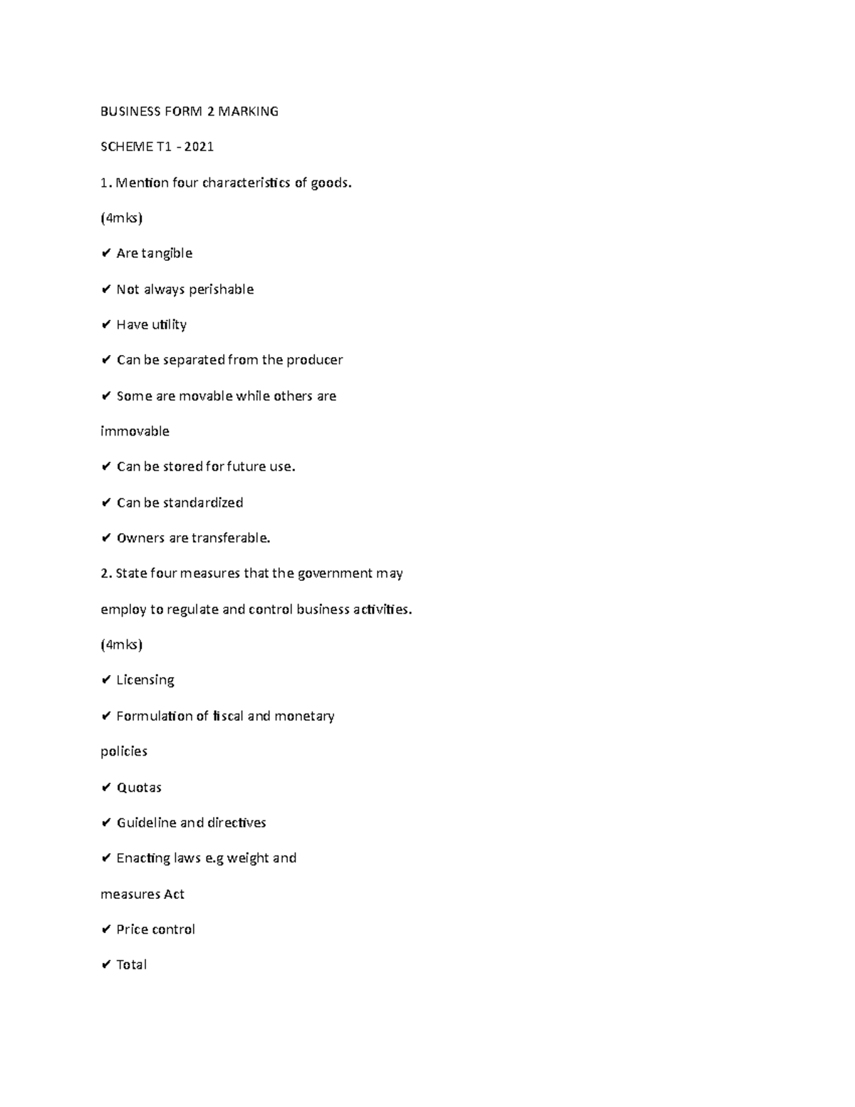 Business FORM 2closing cat term 2 - BUSINESS FORM 2 MARKING SCHEME T1 ...