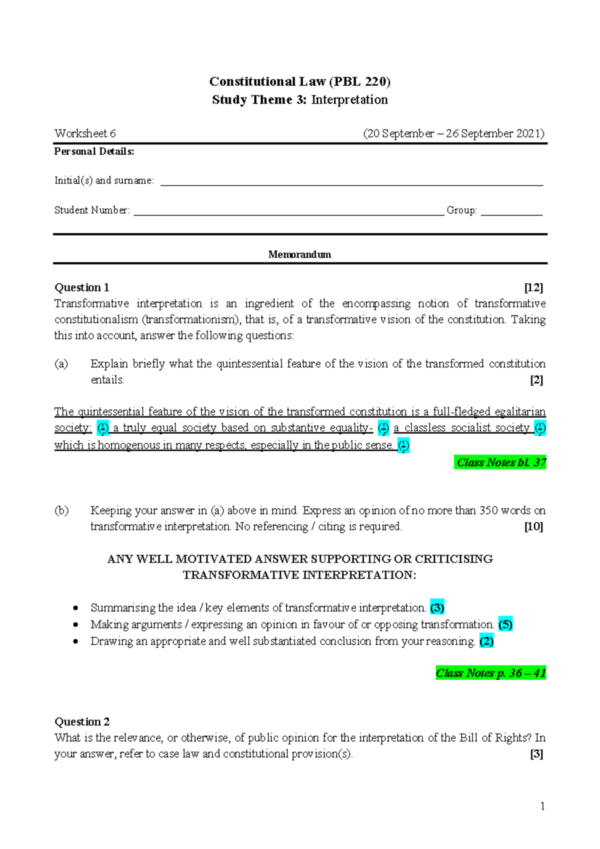 Tutorial 6 - Memorandum - 1 Constitutional Law (PBL 2 20 ) Study Theme 3: Interpretation ...