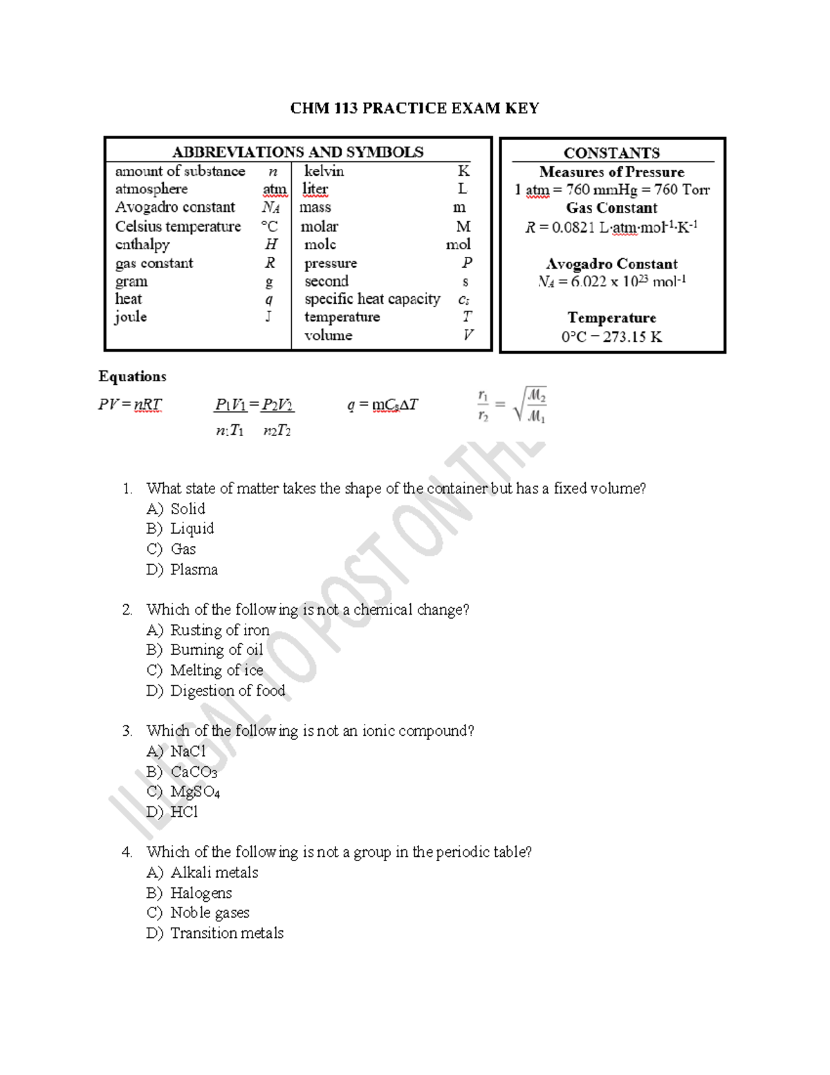 CHM113 Practice Exam - CHM 113 PRACTICE EXAM KEY What state of matter ...