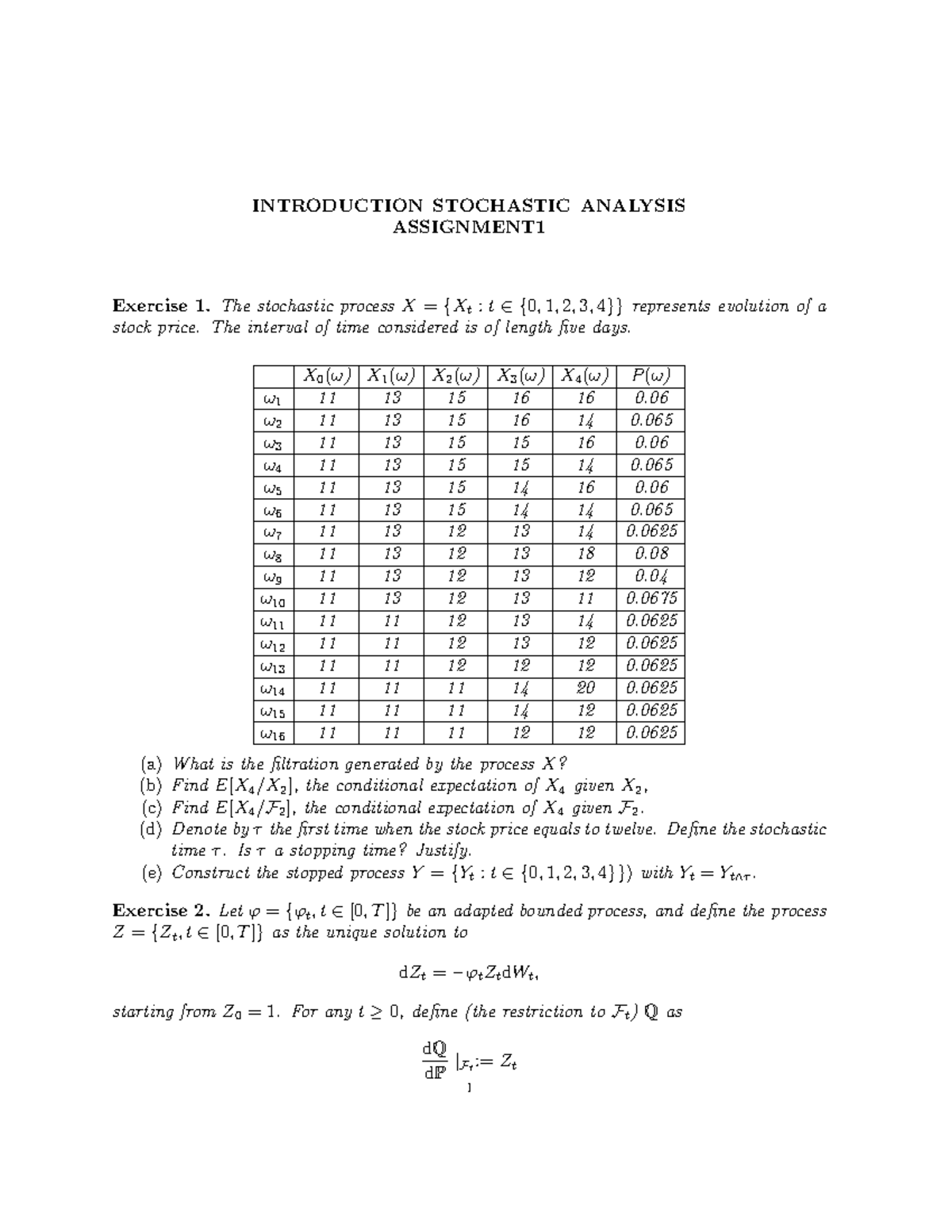 Resit Assignment - INTRODUCTION STOCHASTIC ANALYSIS ASSIGNMENT Exercise ...
