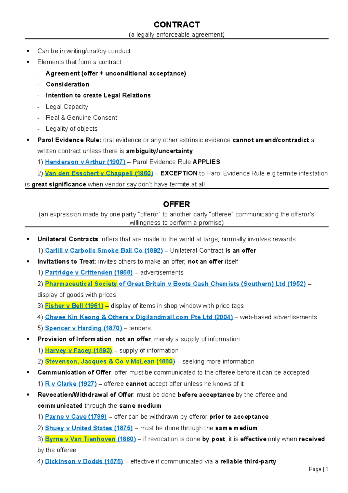 LAW EXAM notes - CONTRACT (a legally enforceable agreement) Can be in ...