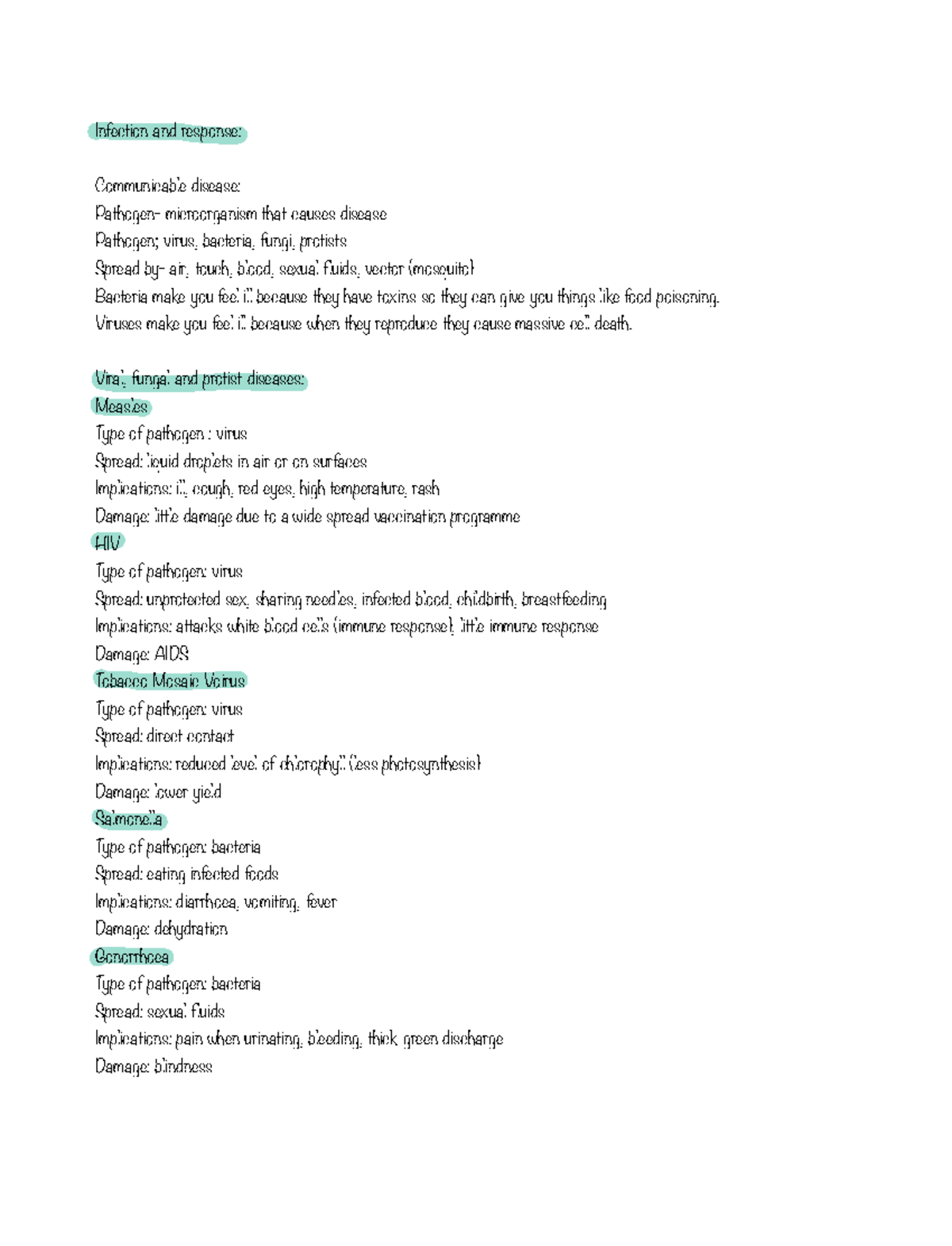 GCSE AQA Biology Unit 3- infection and response - Infection and ...