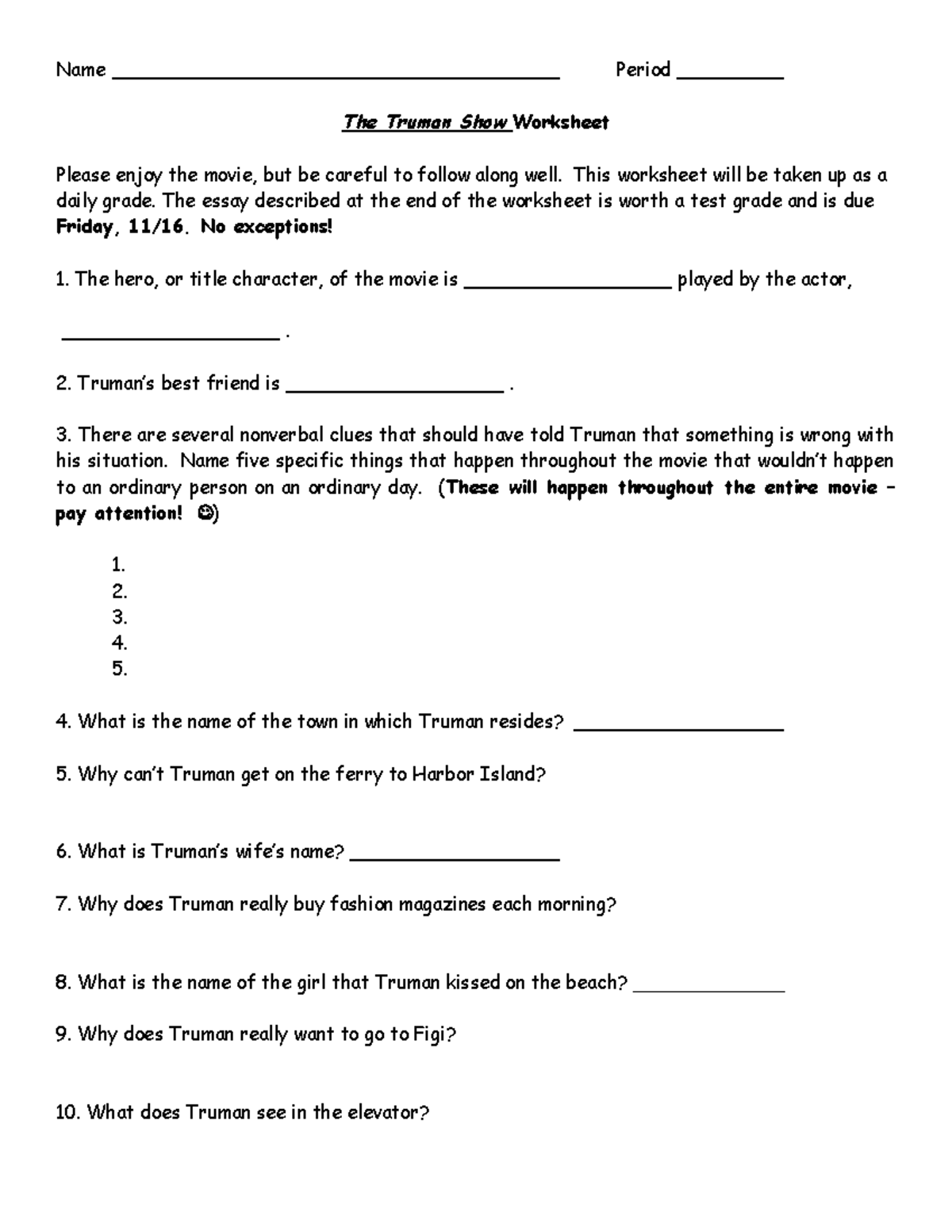 Truman worksheet - Name Period The Truman Show Worksheet Please enjoy ...