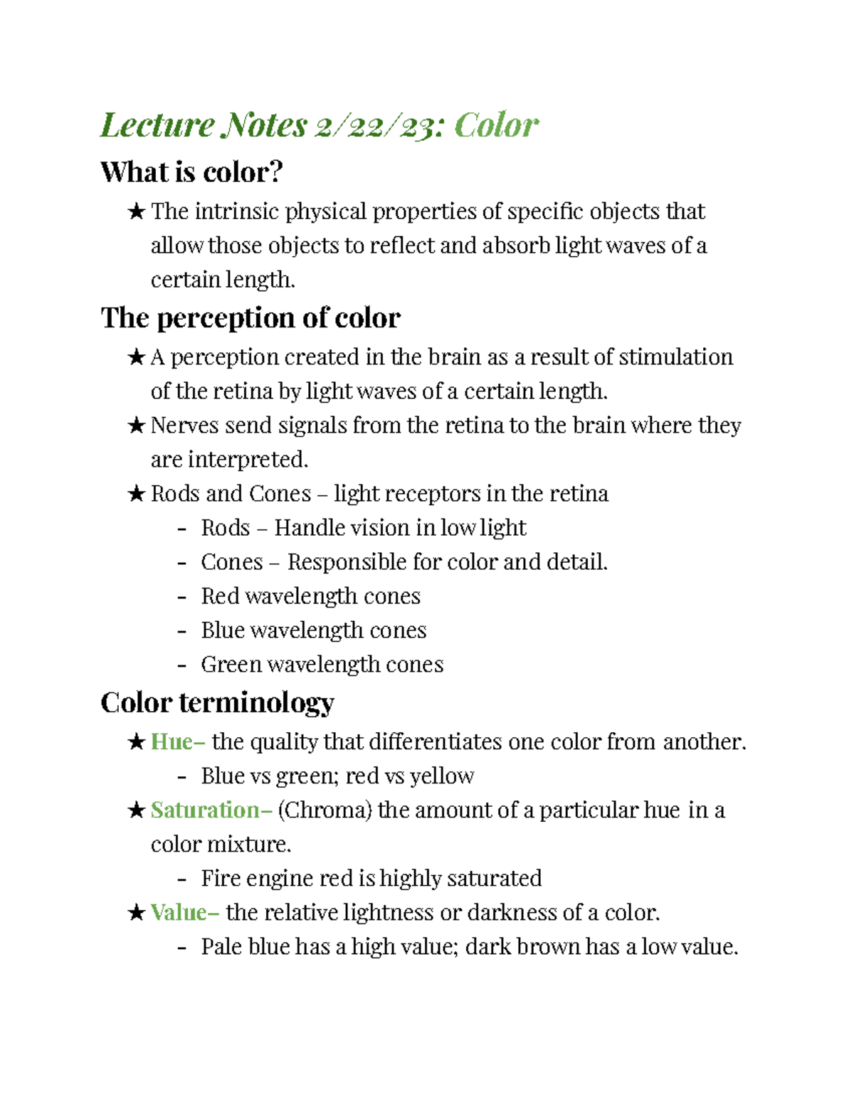 Color - notes - Lecture Notes 2/22/23: Color What is color? ★ The ...