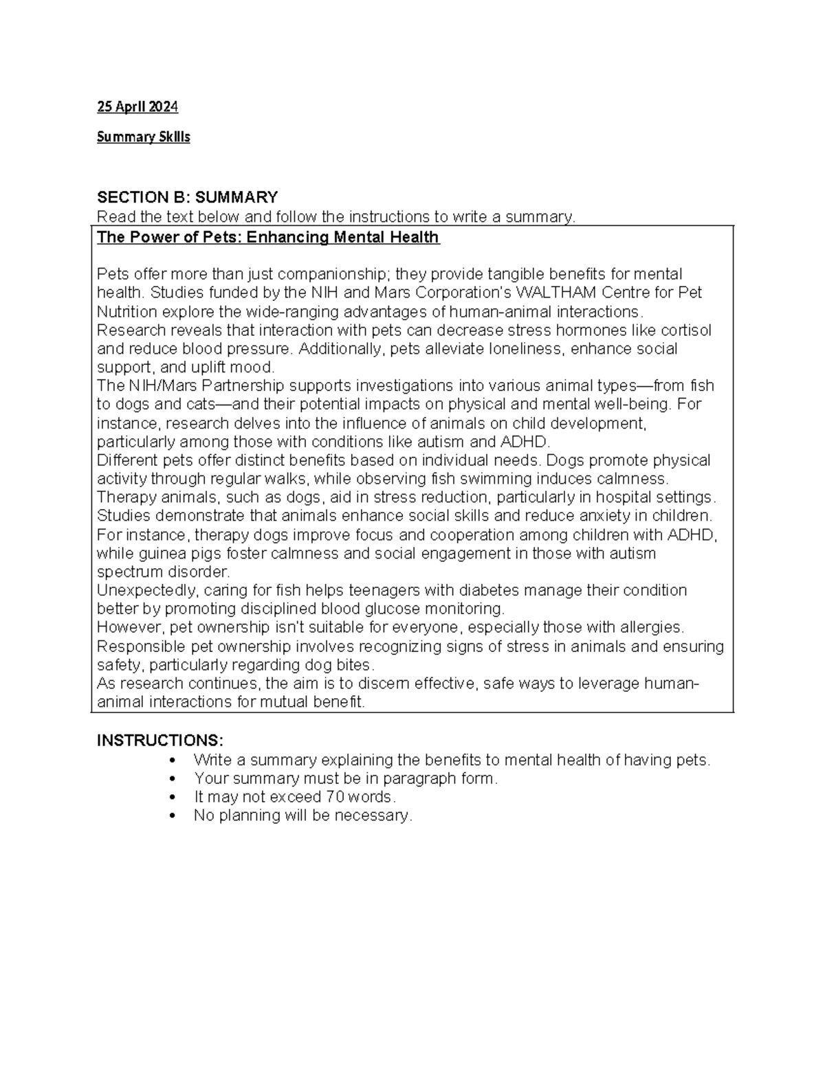Summary Skills - Practice Grade 9 - 25 April 2024 Summary Skills SECTION B: SUMMARY Read the ...