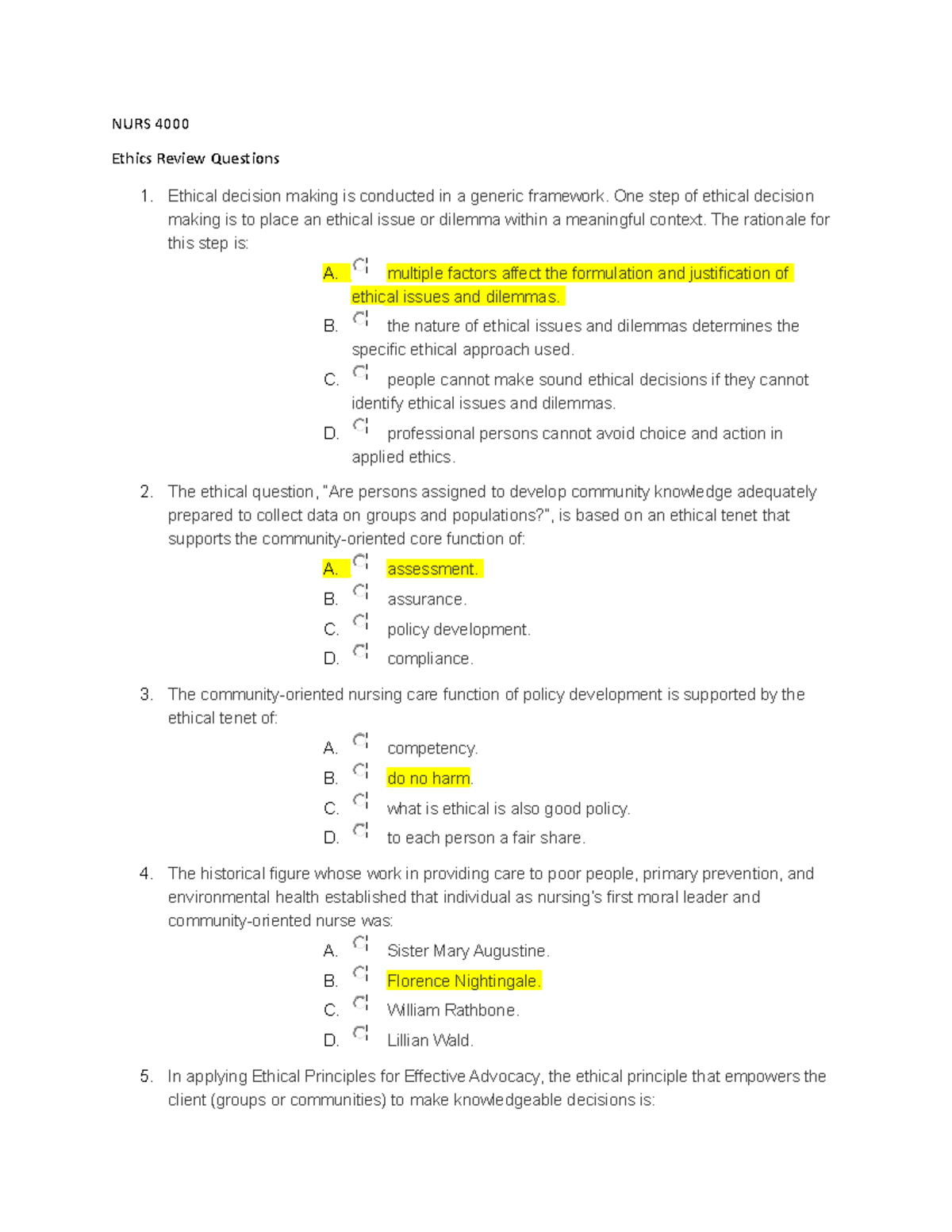 Community Ethics Review Questoins w ANS - NURS 4000 Ethics Review ...