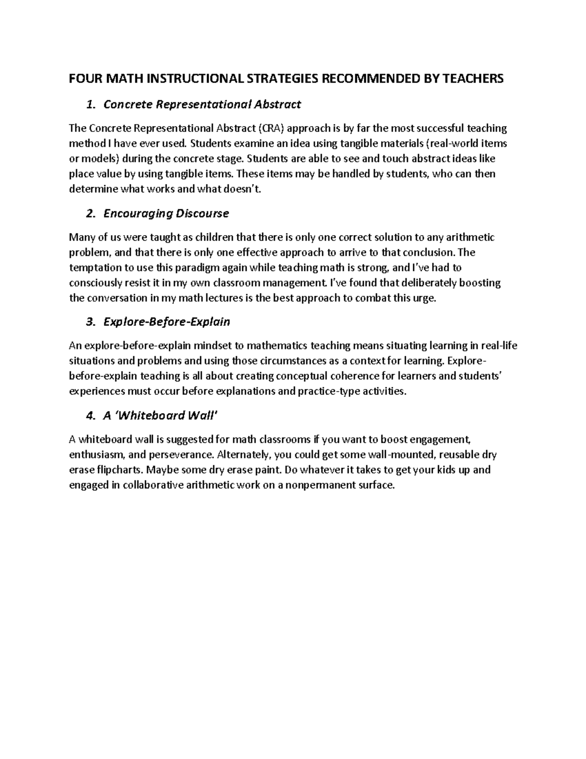 FOUR MATH Instructional Strategies Recommended BY Teachers - FOUR MATH INSTRUCTIONAL STRATEGIES ...