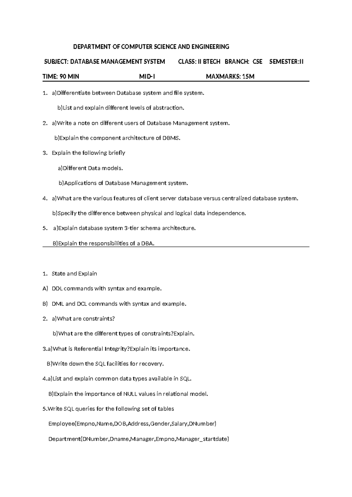 Mid1 question paper DBMS - DEPARTMENT OF COMPUTER SCIENCE AND ENGINEERING SUBJECT: DATABASE ...