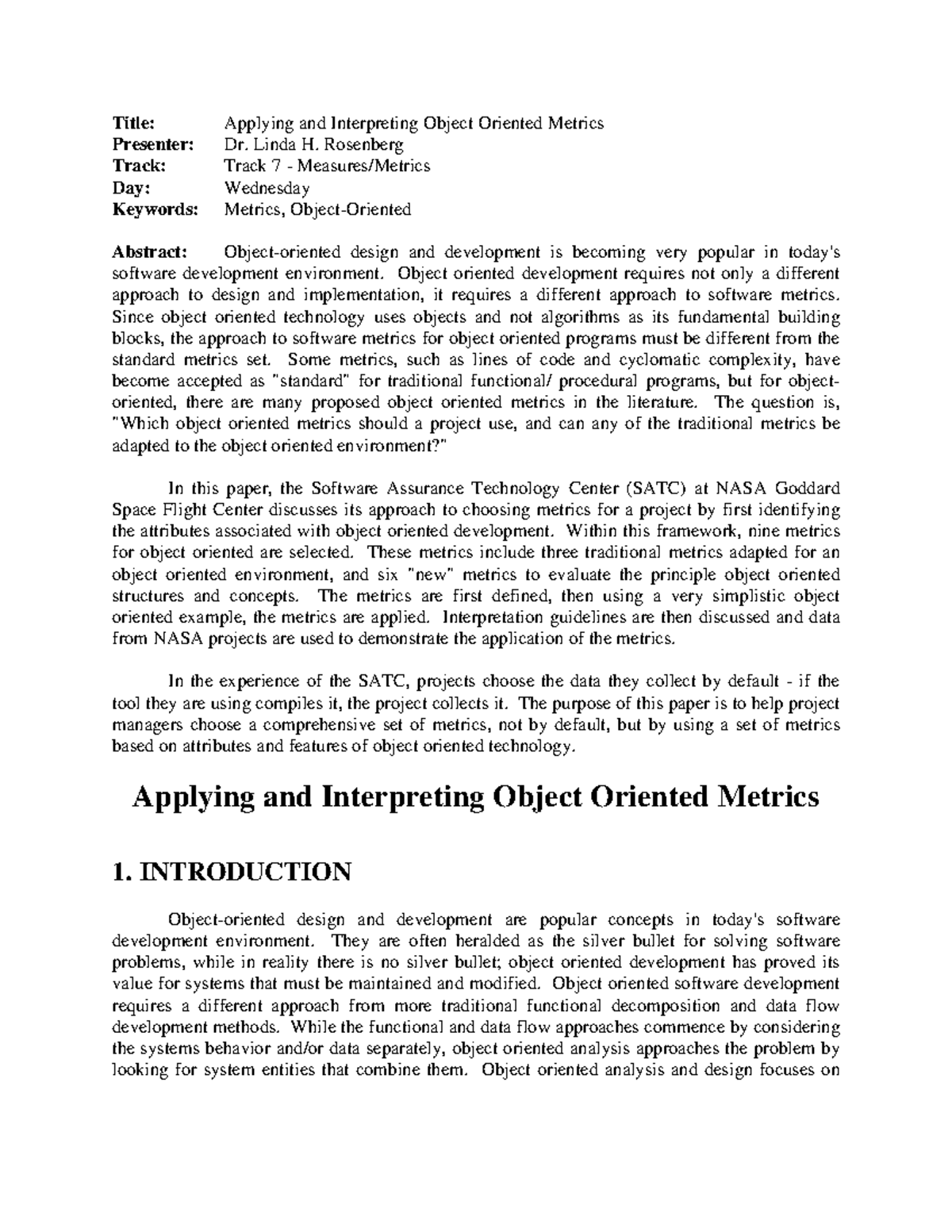 Applying And Interpreting Object Oriented Metrics Title Applying And