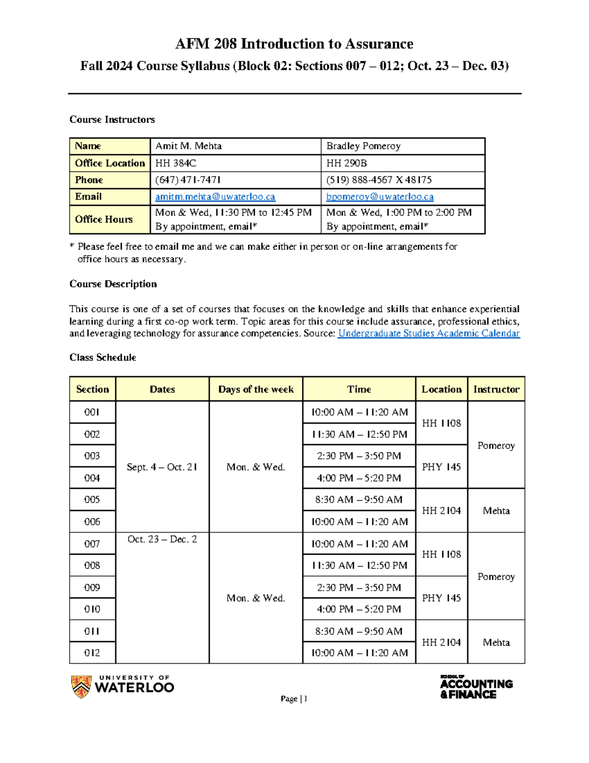 Fall 2024 AFM 208 Block 02 Course Syllabus - Fall 2024 Course Syllabus ...