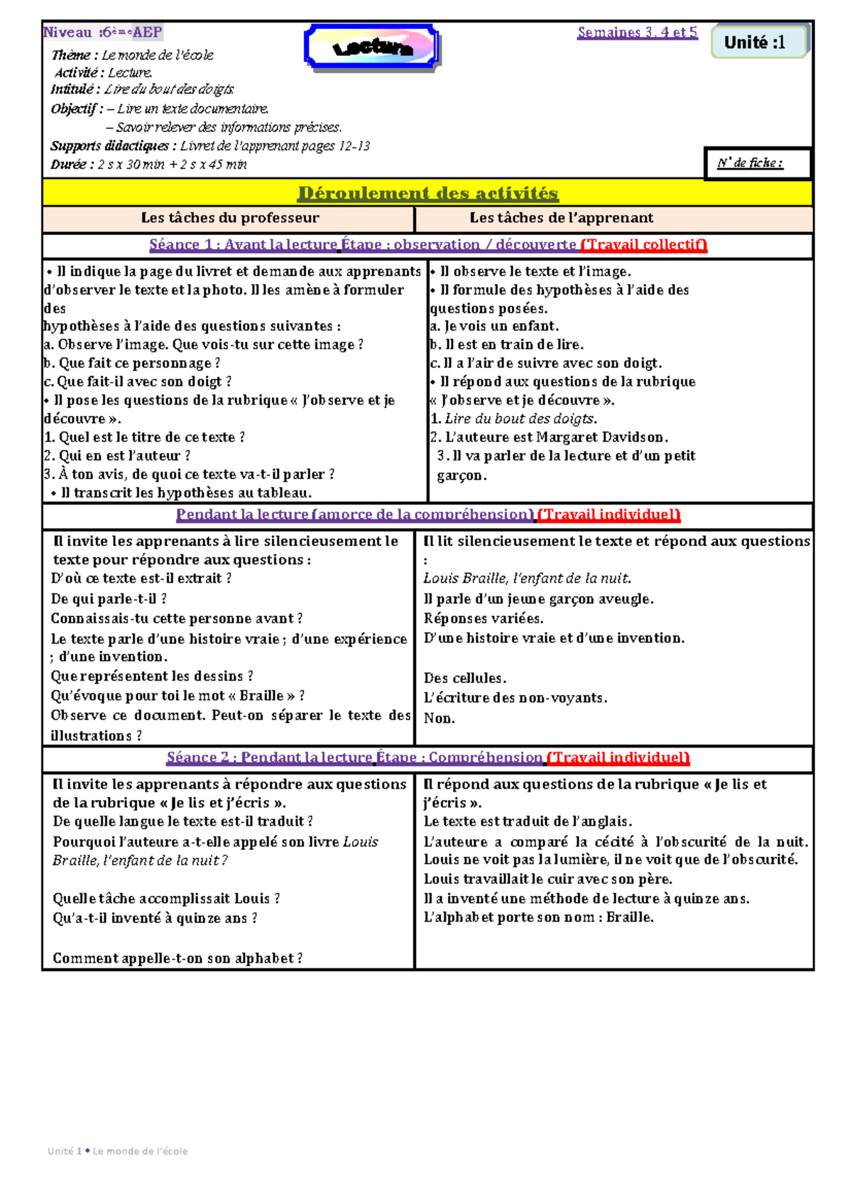 Fiches 6 mes apprentissages 2019 www - Unité 1 • Le monde de l’école ...