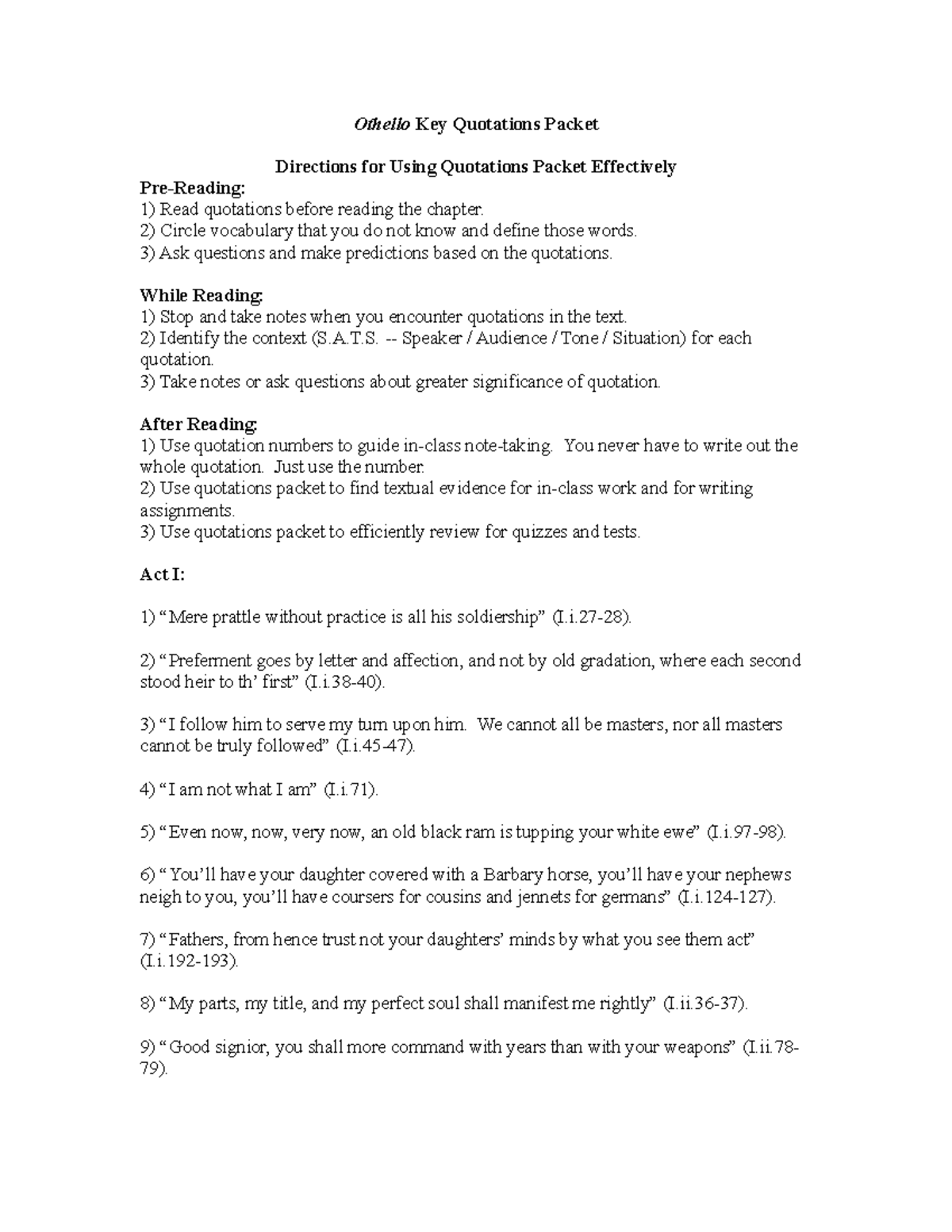 Othello Quotations Student Packet - Othello Key Quotations Packet ...