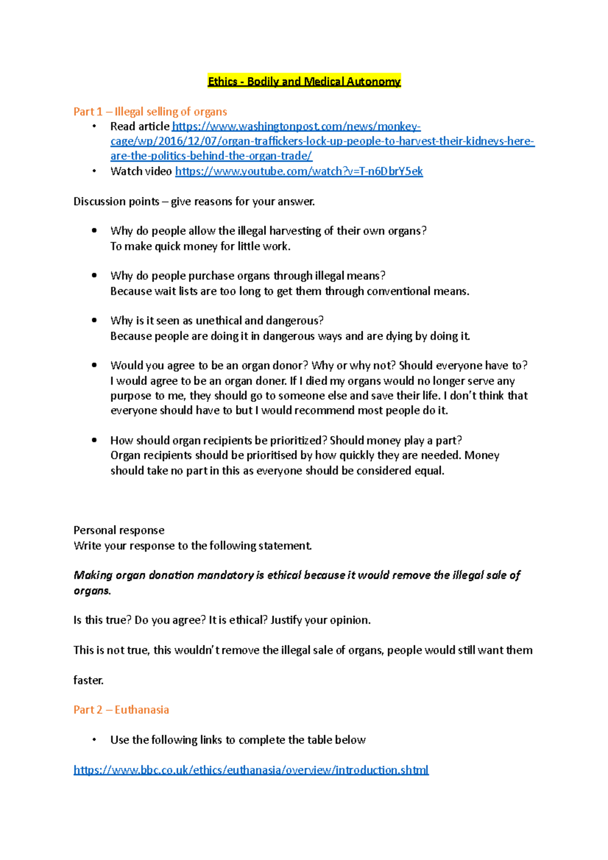 Ethics Bodily Autonomy - Ethics - Bodily and Medical Autonomy Part 1 ...