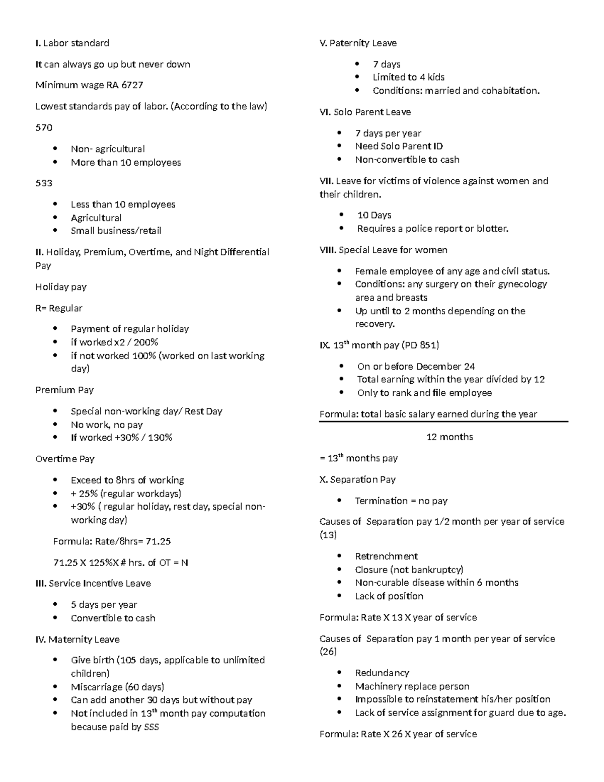 Labor LAW Reviewer - I. Labor standard It can always go up but never ...