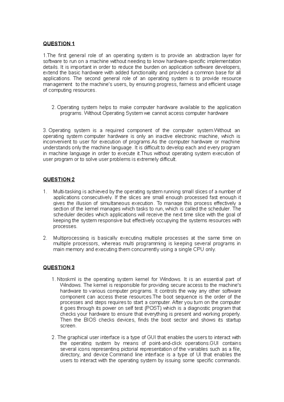 (2018 409134) Exercise CHA 1,2,3(CSC204) - QUESTION 1 1 first general role of an operating ...