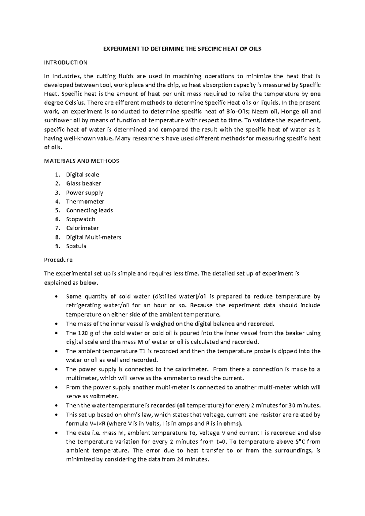 Experiment TO Determine THE Specific HEAT OF OILS - EXPERIMENT TO ...