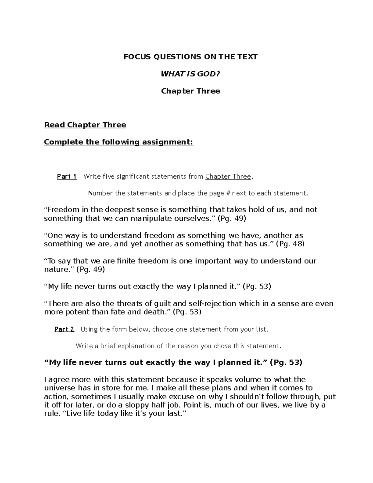 Chapter 3 - Homework - FOCUS QUESTIONS ON THE TEXT WHAT IS GOD? Chapter ...