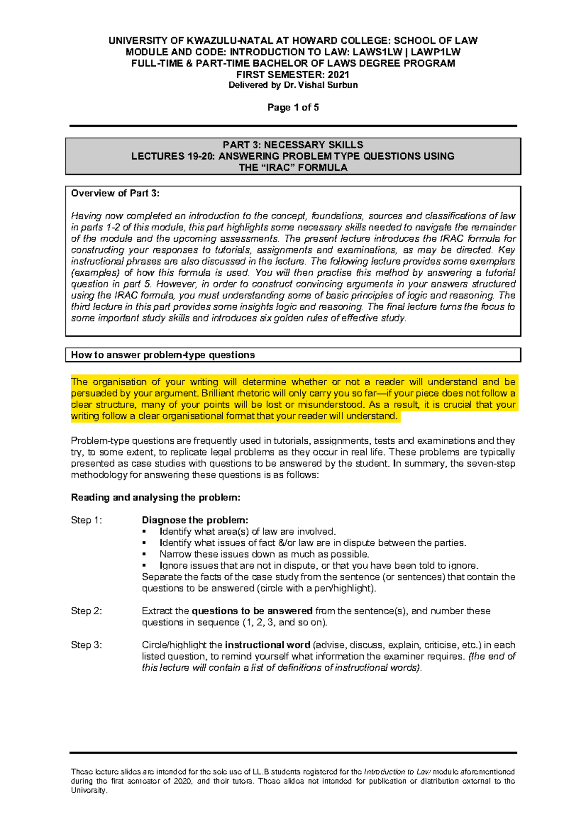 PART 3 Lecture 19-20 - legal skills - MODULE AND CODE: INTRODUCTION TO ...