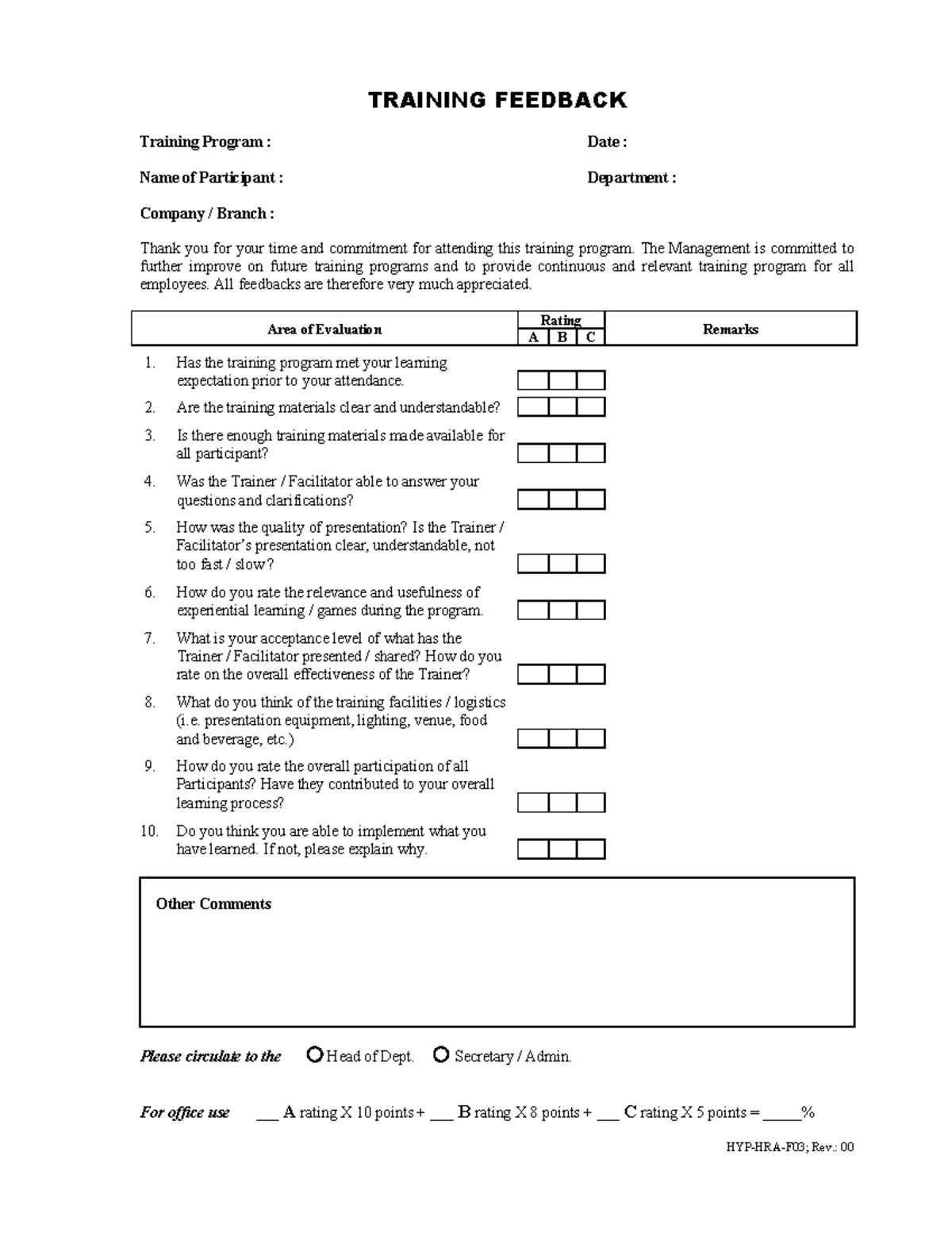 HYP-HRA-F03 - Training Feedback - TRAINING FEEDBACK Training Program ...