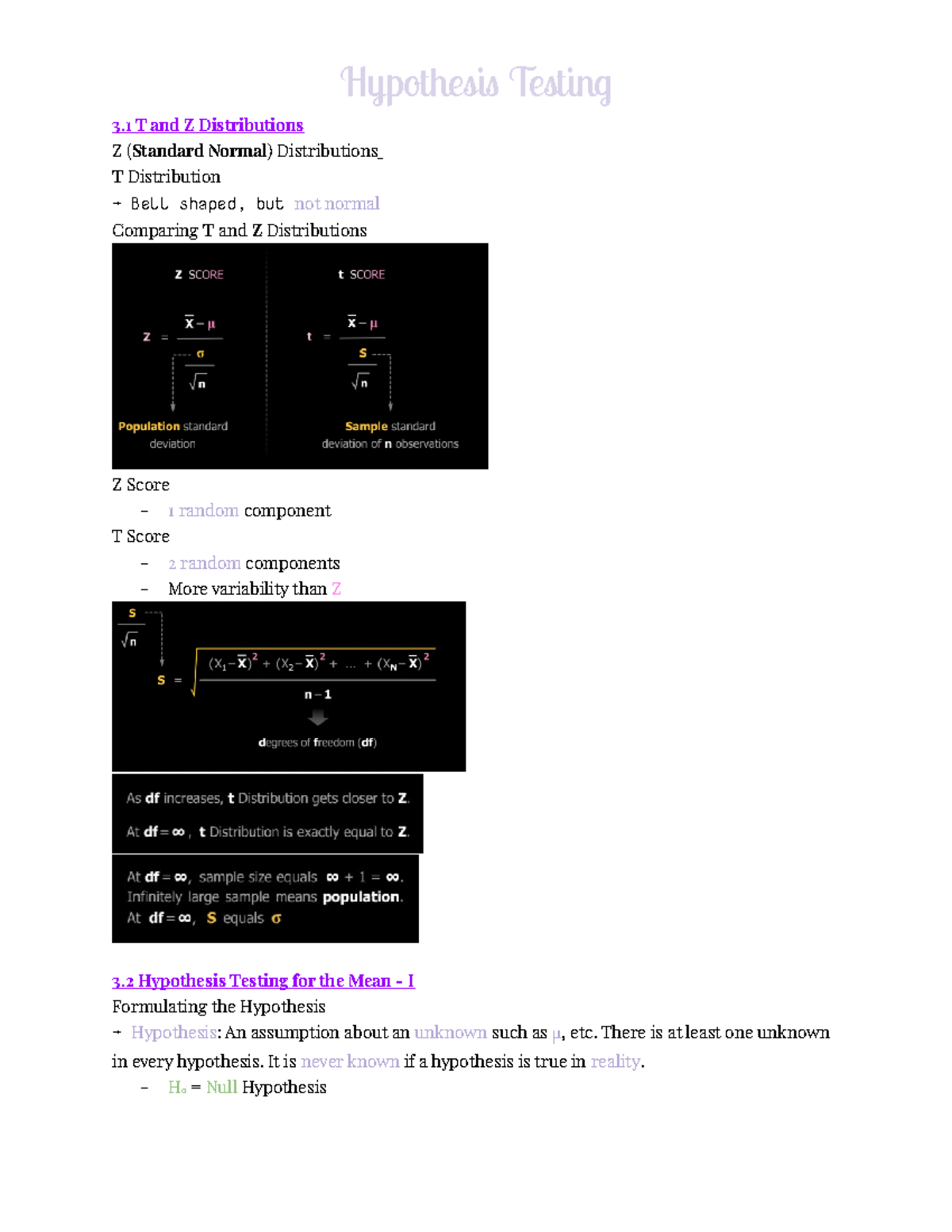 MAS 261 - 3 Hypothesis Testing - 3 T and Z Distributions Z (Standard ...