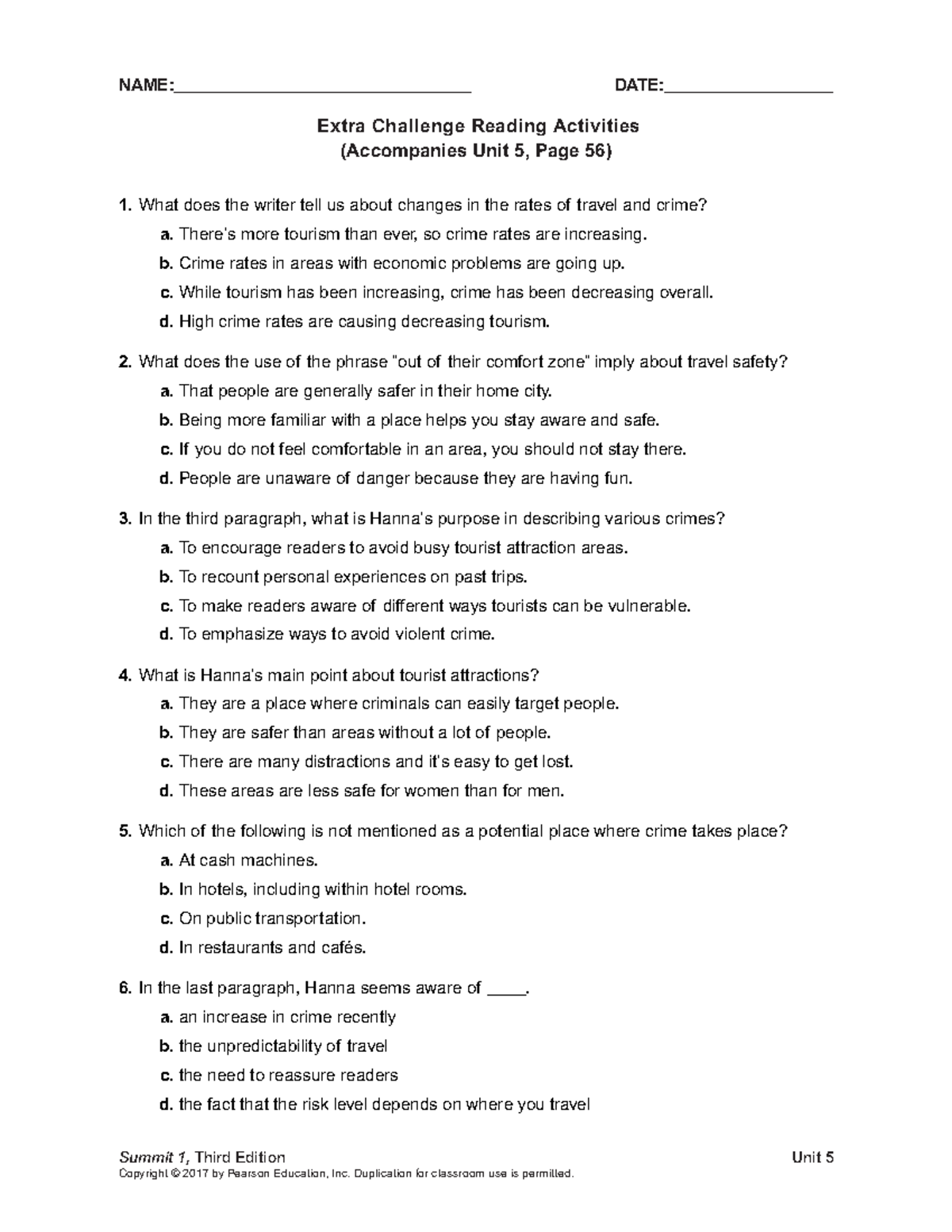 05-Reading Extra Challenge unit 5 - Copyright © 2017 by Pearson ...